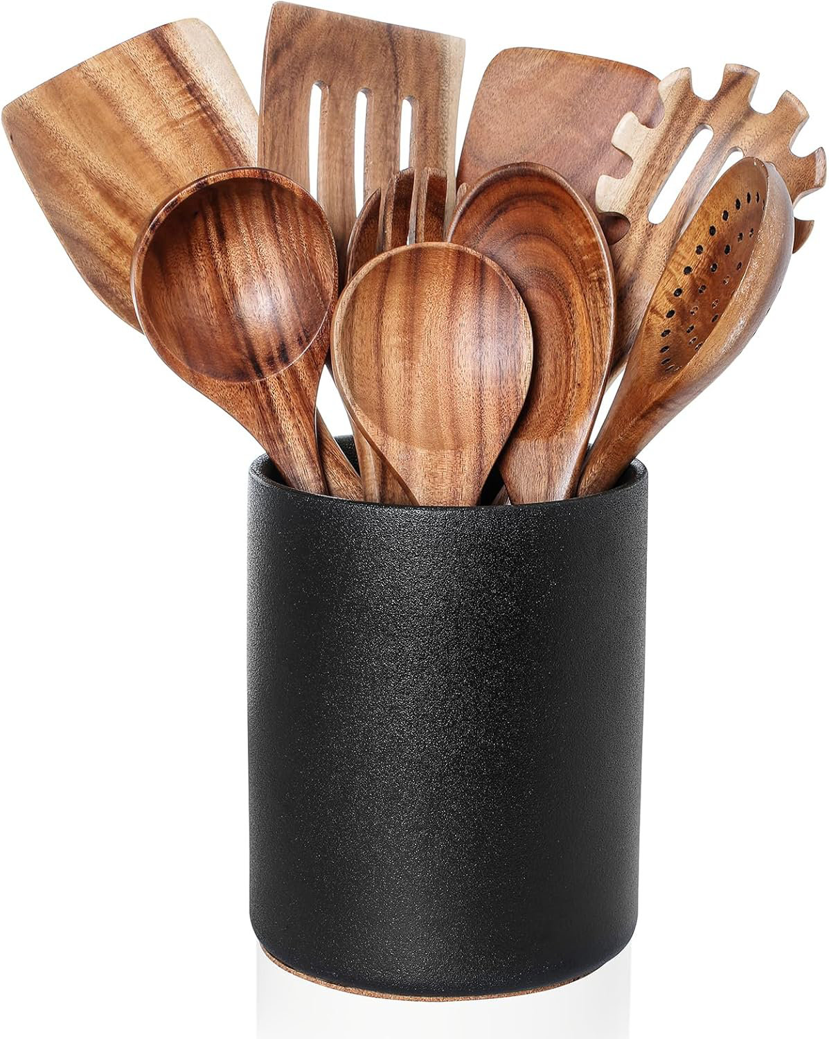 QIANXING 10-Piece Teak Wood Cooking Utensils Set With Ceramic Holder ...