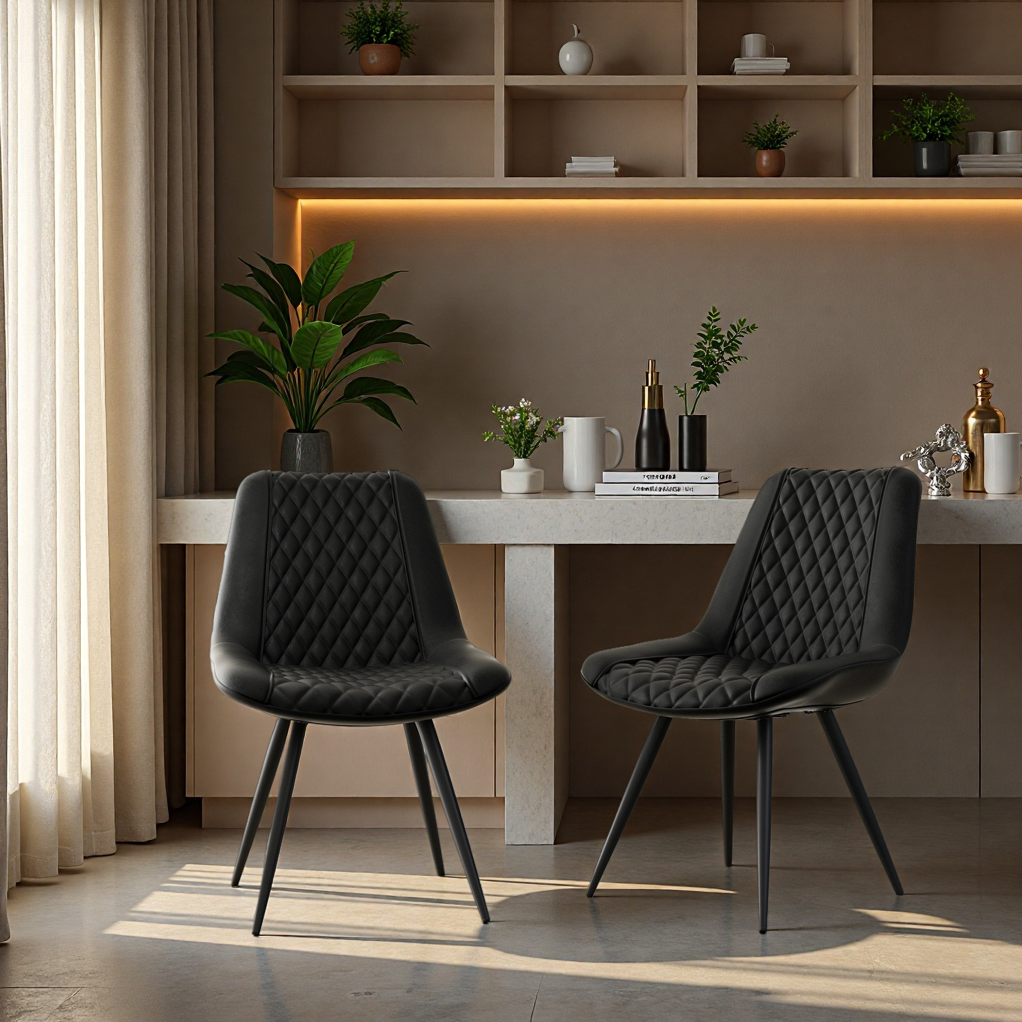 PhoebeHoliday 2-Pack Black PU Leather Dining Chairs - Diamond Stitch ...