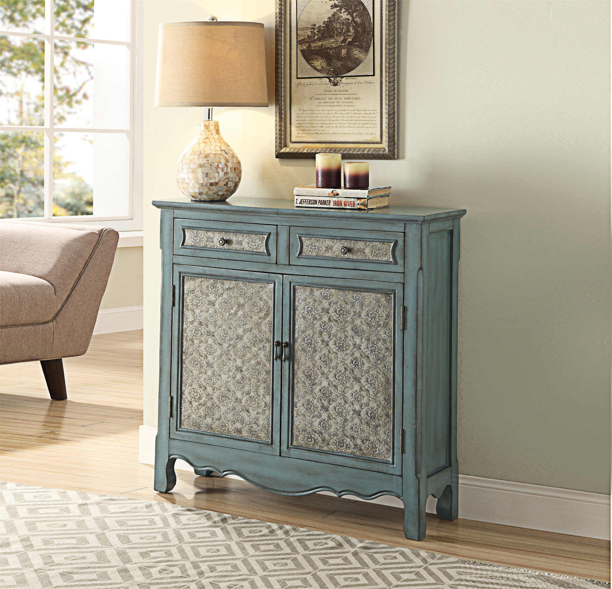 Red Barrel Studio Antique Blue 2-Door Console Cabinet With 2 Drawer ...