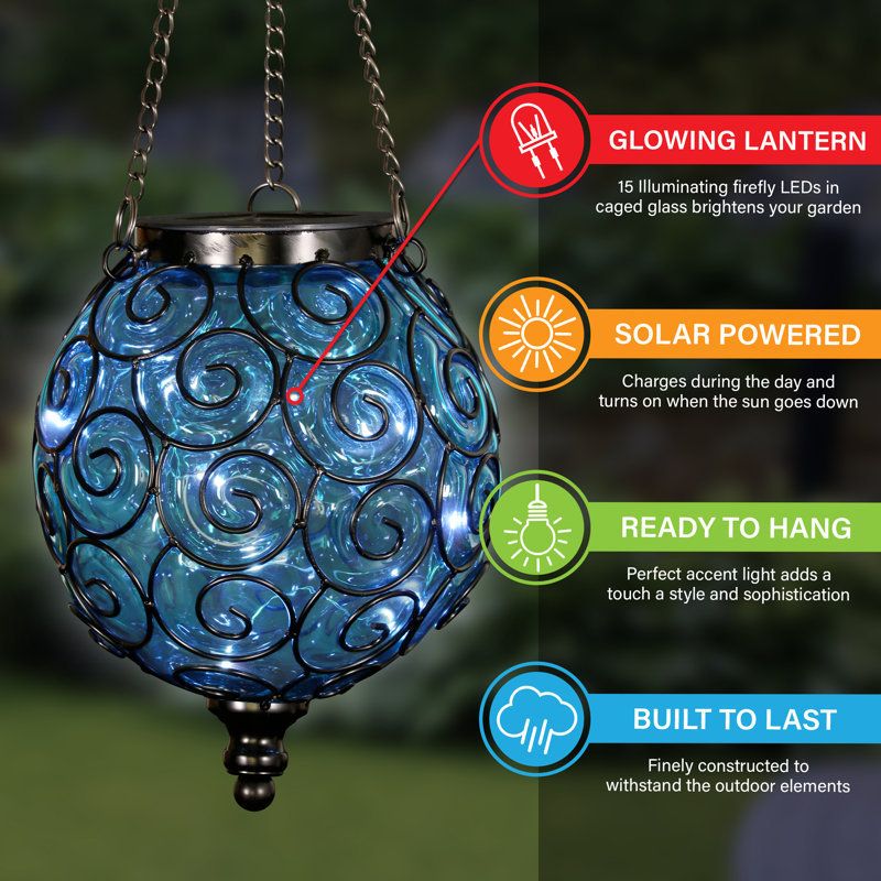 Exhart Solar Round Glass and Metal Hanging Lantern with 15 Cool White ...