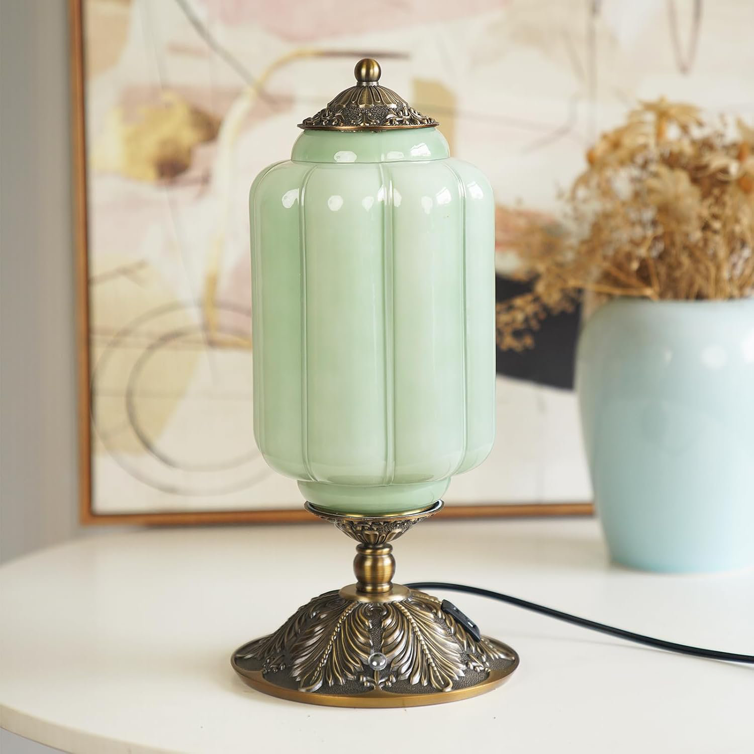 Rosdorf Park Milk Glass Touch Table Lamp, Vintage Green Jadeite Glass ...