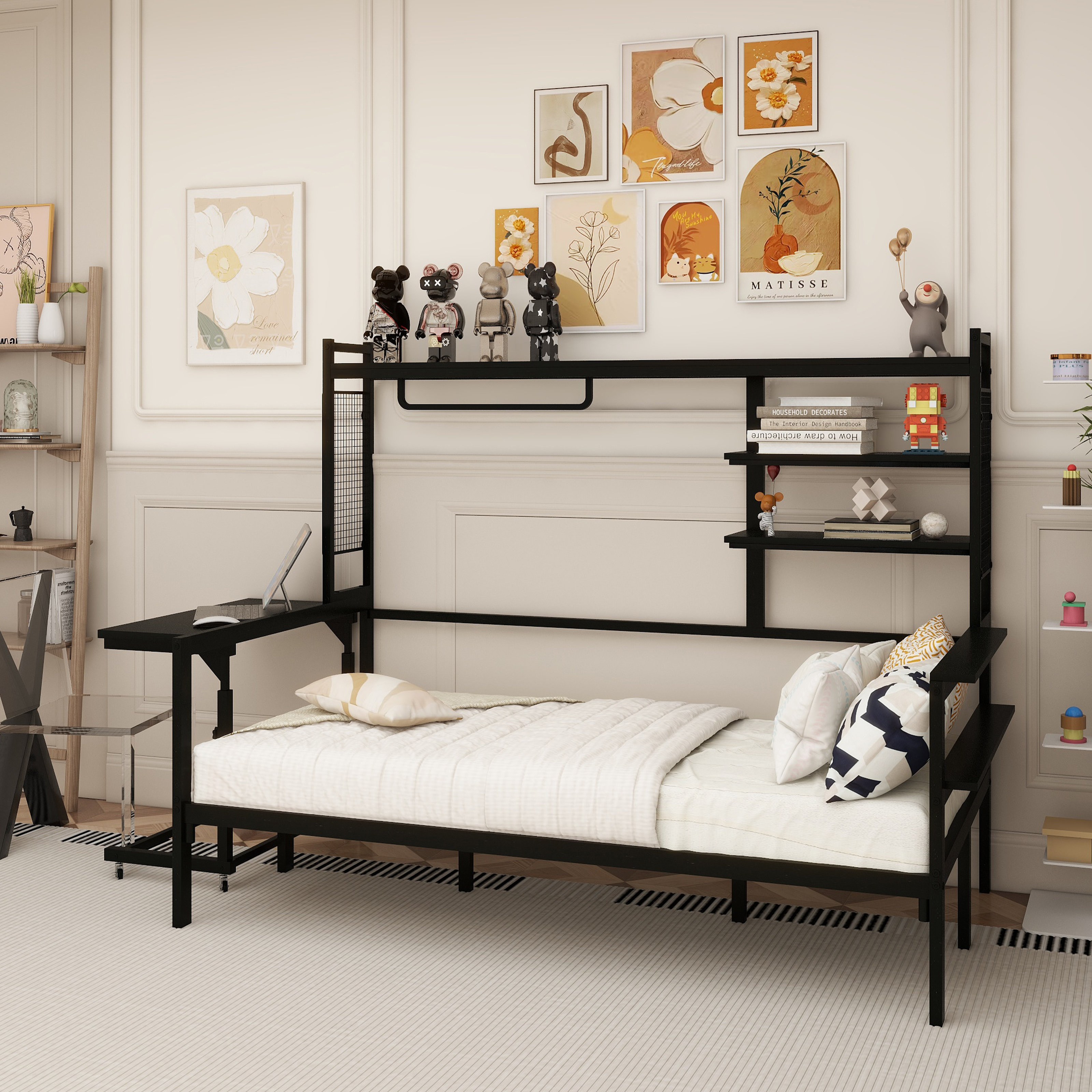 17 Stories Metal Daybed With Movable Desk, Metal Grid, Shelves And ...
