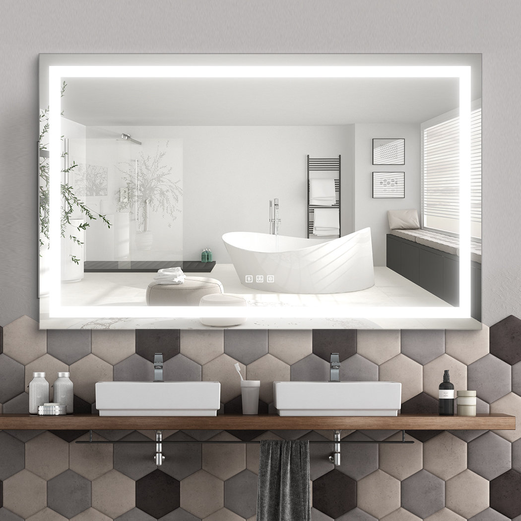 AMANI Rectangular Modern High Lumen Lighted LED Anti-Fog Dimmable Wall Mounted Bathroom Vanity ...