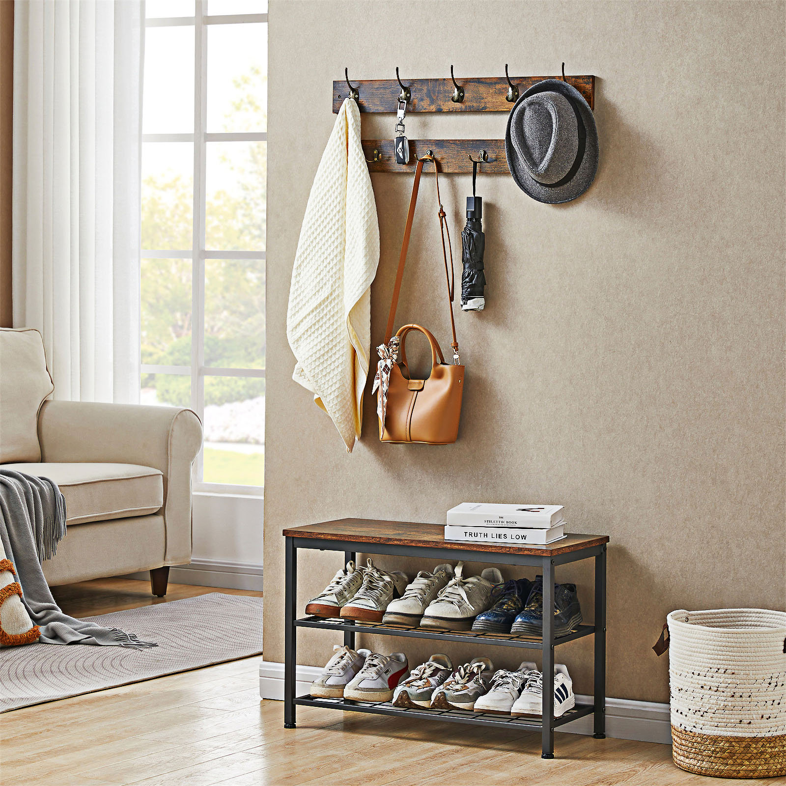 17 Stories Coat Shoe Rack Bench Set Hall Tree Coat Rack | Wayfair