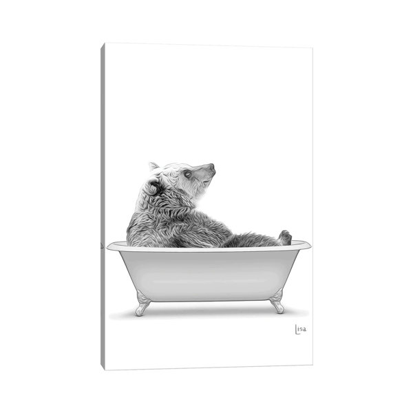 Happy Larry Bear in the Bath Bw - Wrapped Canvas Painting | Wayfair.co.uk