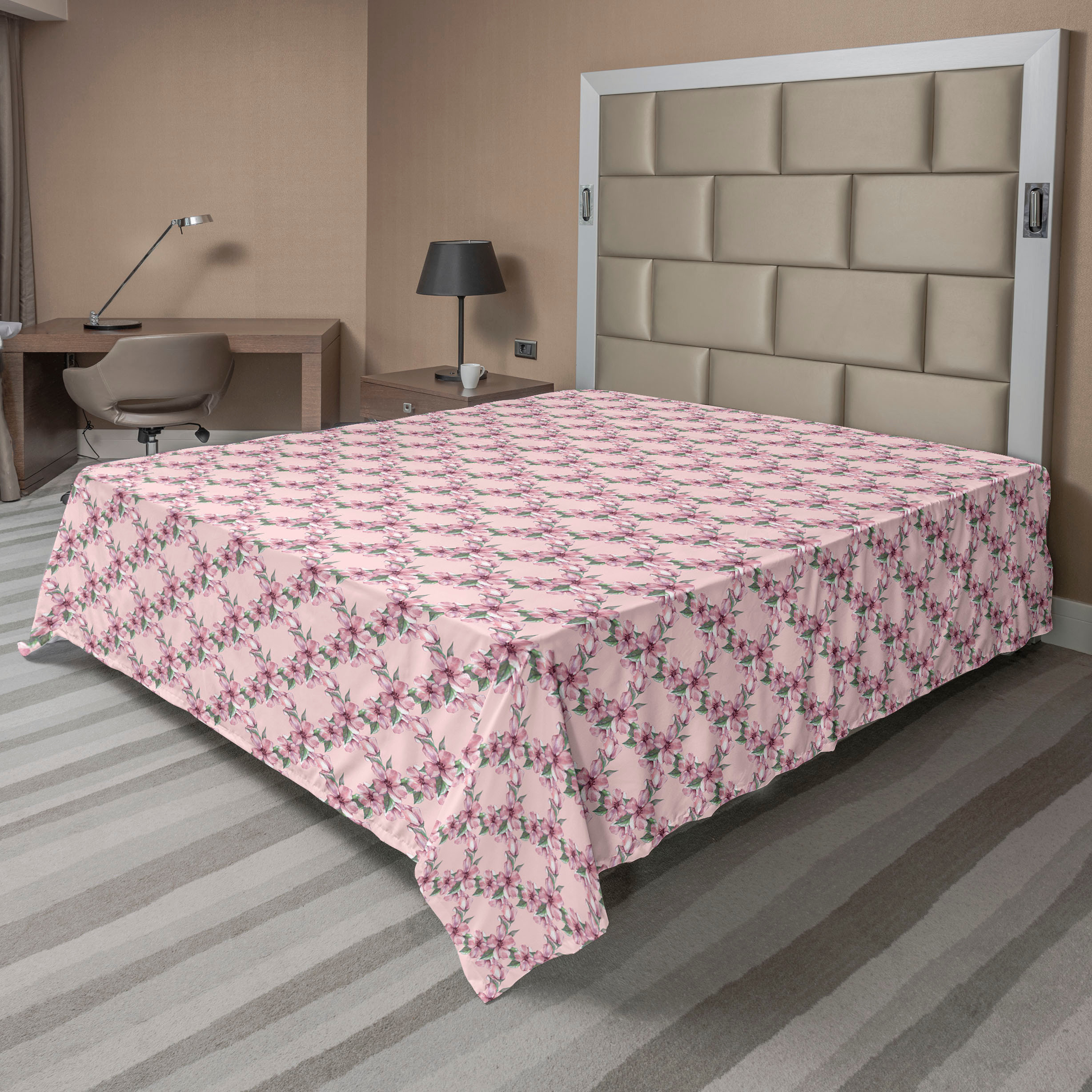 Ambesonne Floral Flat Sheet Flowers Grid of Squares Rose Pale Pink and ...