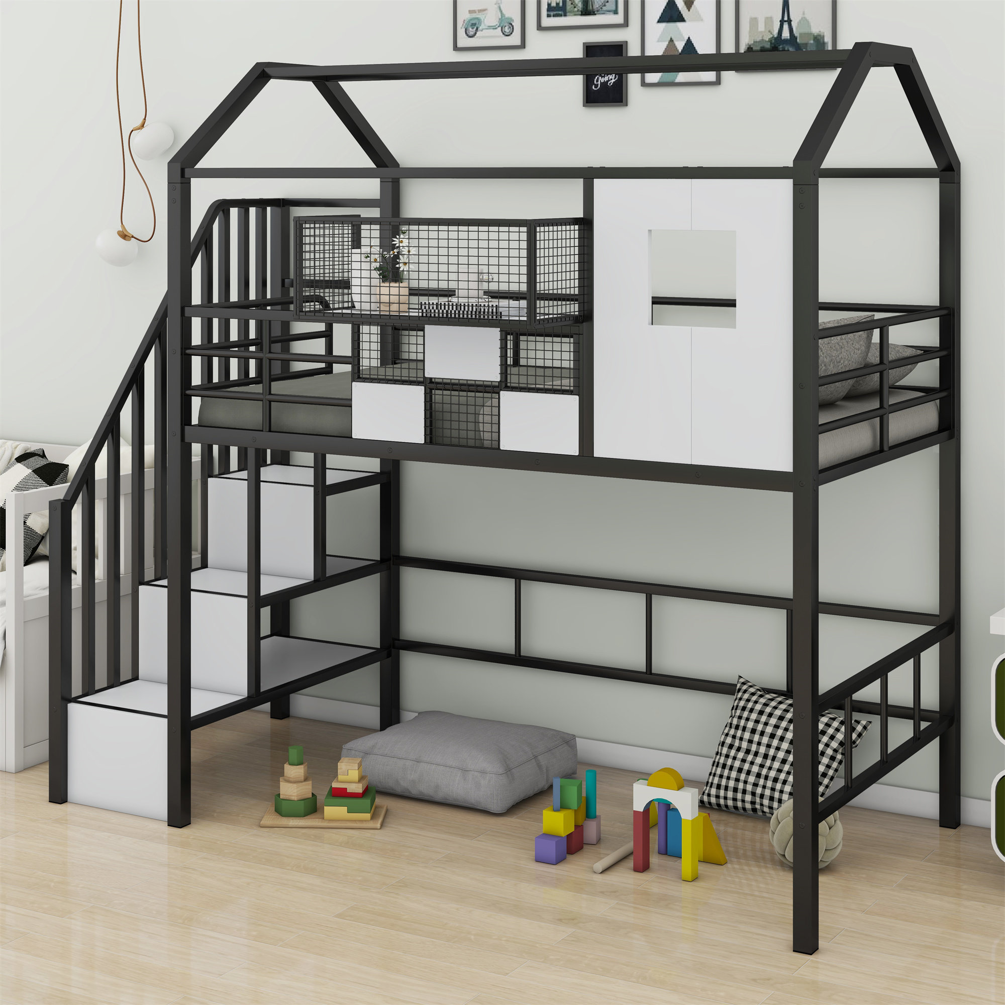 Harper Orchard Metal Loft Bed With Roof Design And A Storage Basket ...