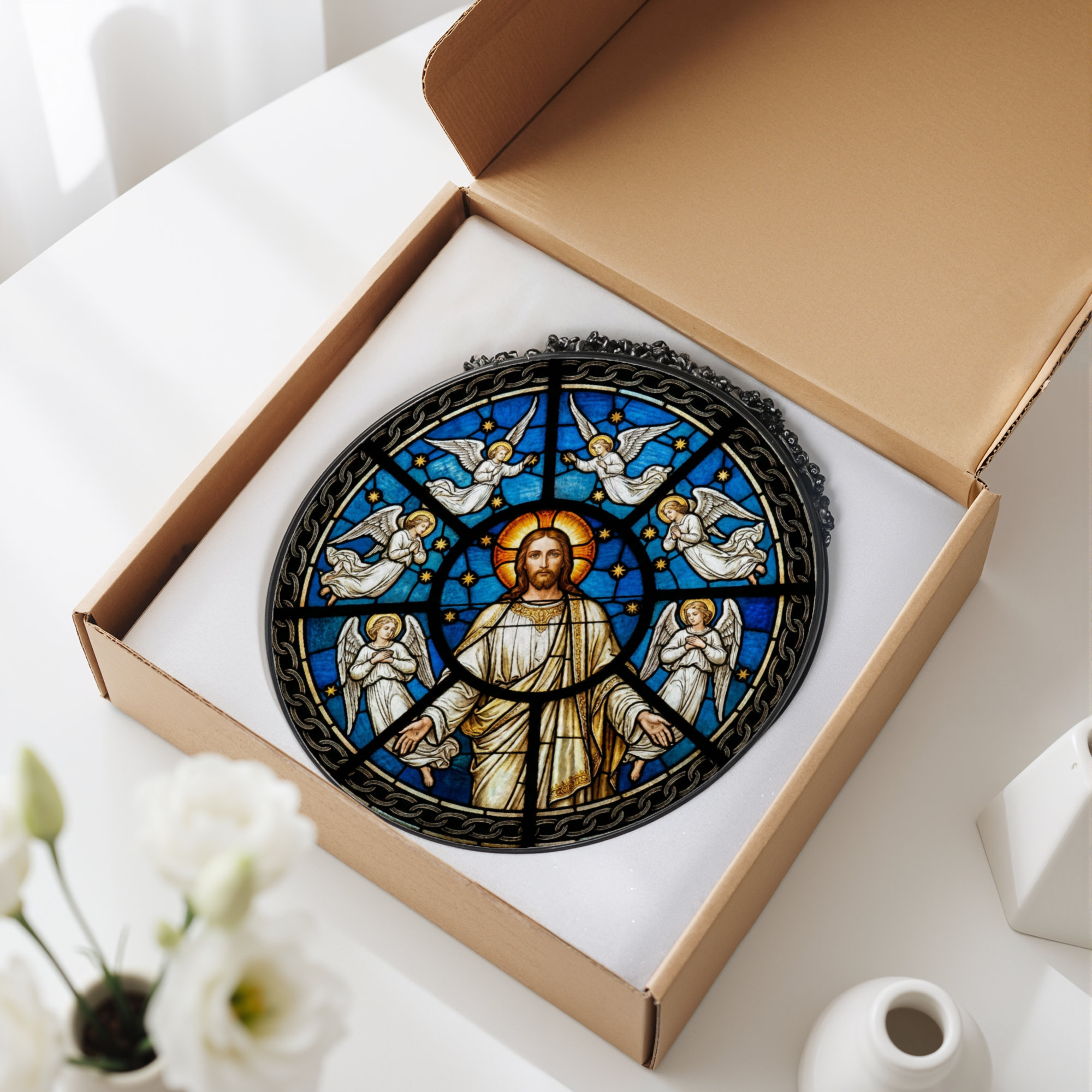 Fleur De Lis Living 12"H Jesus Angels Stained Glass Window Panel | Wayfair