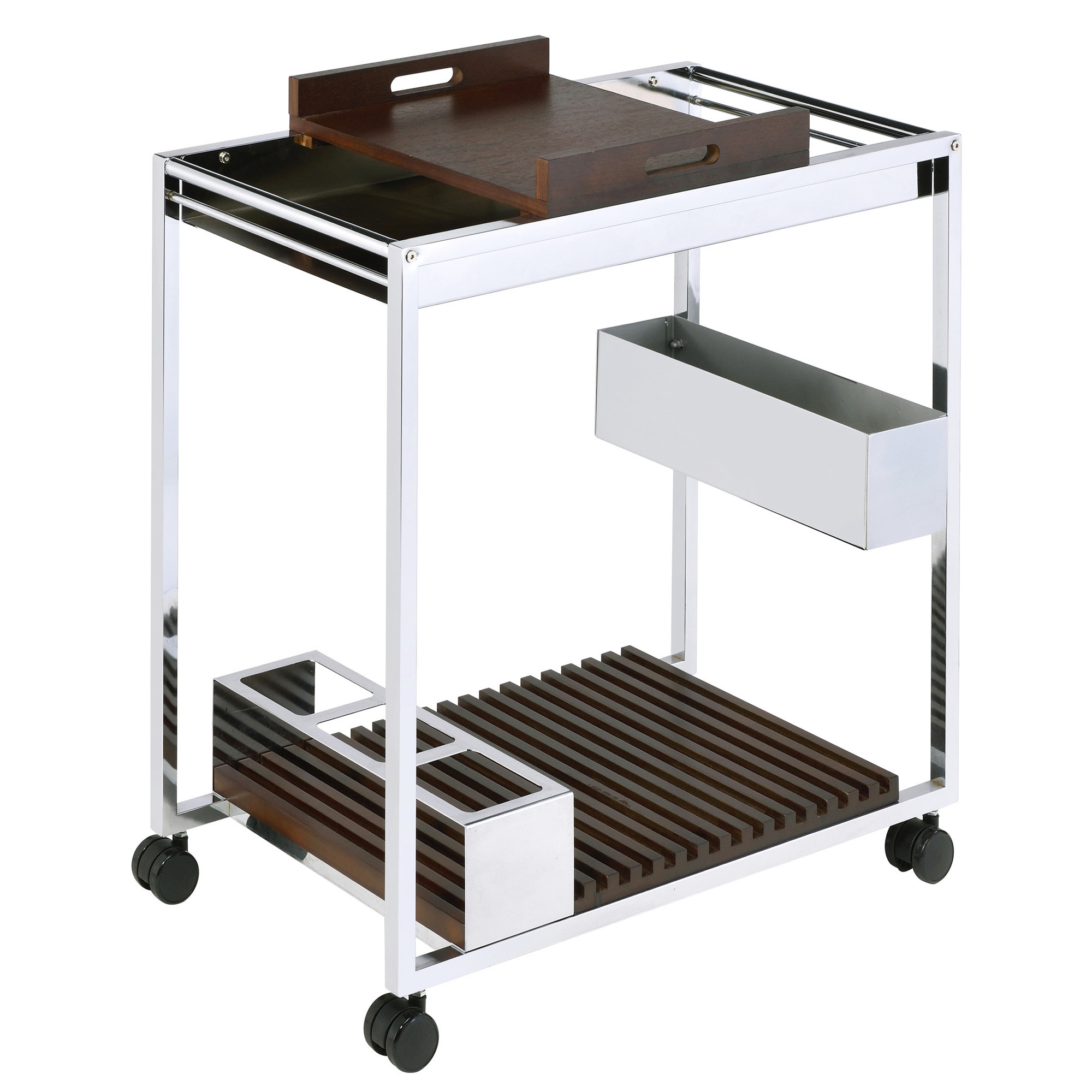 Ebern Designs Chrome And Brown Serving Cart With Multiple ...