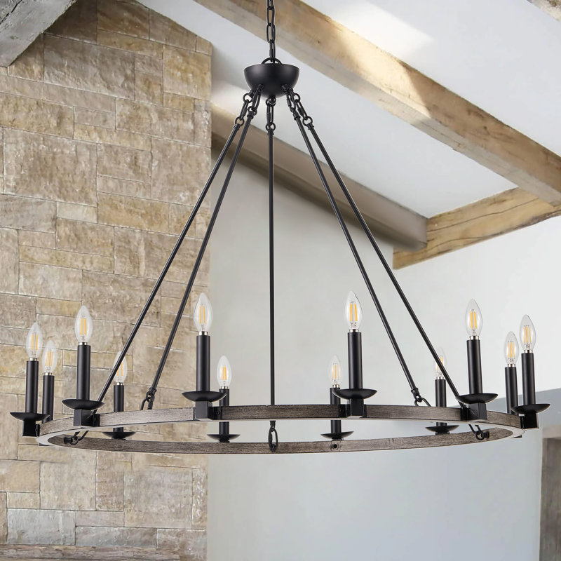 17 Stories 12-Light Rustic Hanging Wagon Wheel Light Fixtures | Wayfair