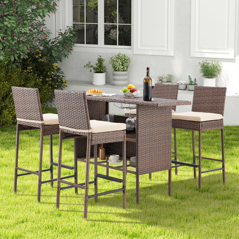 Arlmont & Co. Wicker Bar Set with 4 Stools & Outdoor Bar Table ...