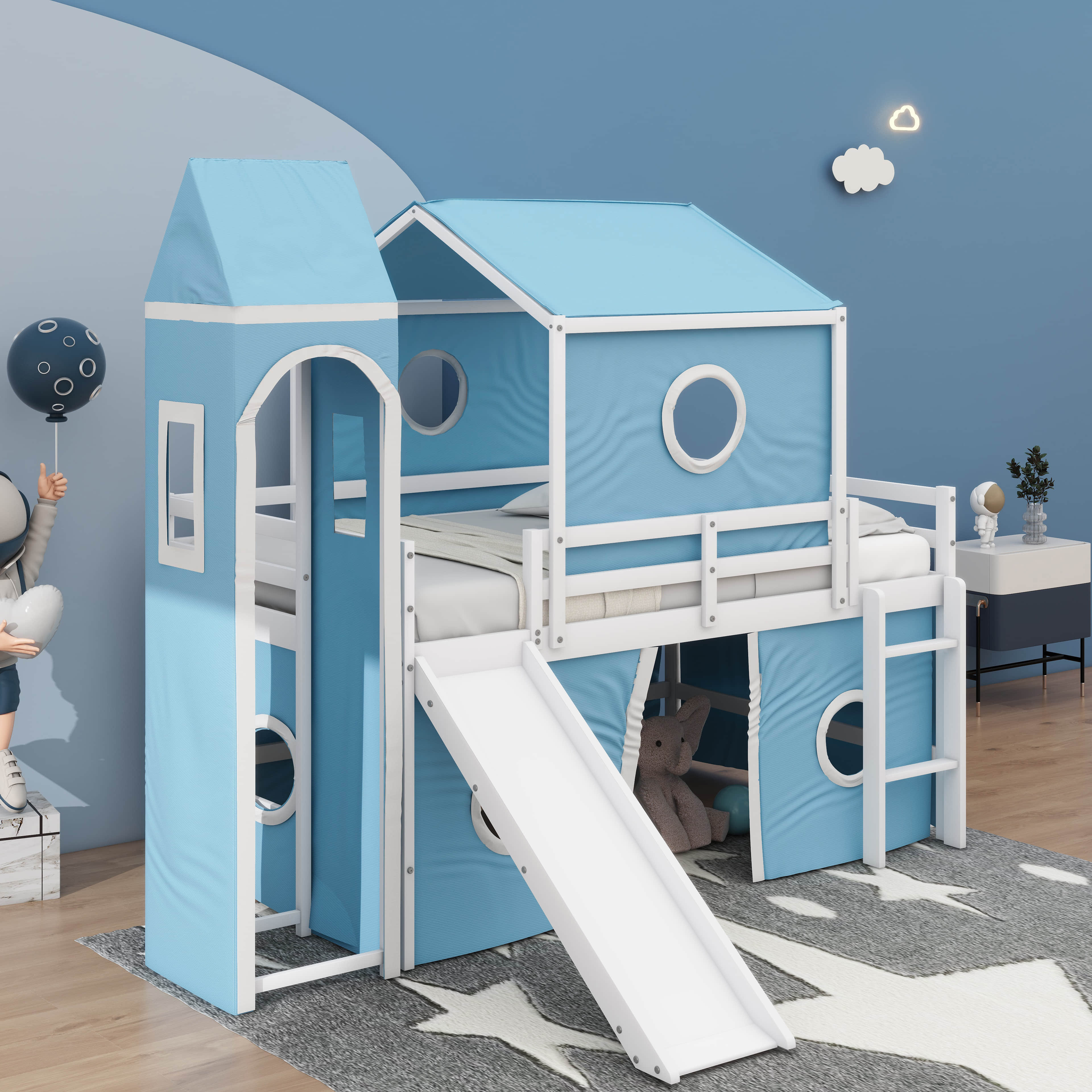 Harper Orchard A Full-Sized Loft Bed With A Slide, Pink Tent Canopy ...