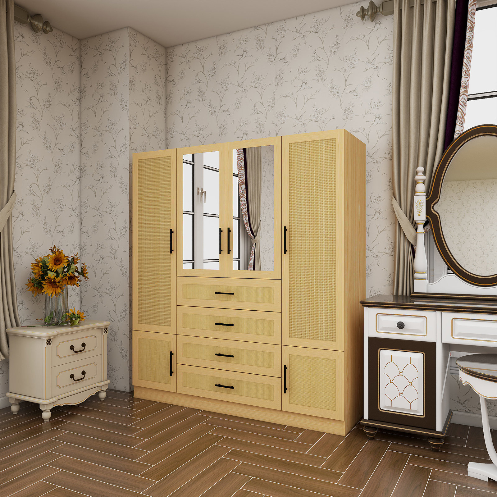 Bay Isle Home™ Wardrobe Armoire With 2 Mirrors, 4 Drawers & 5 Shelves ...