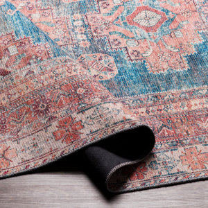Langley Street Bria Machine Washable Oriental Blue/Dusty Coral Area Rug ...