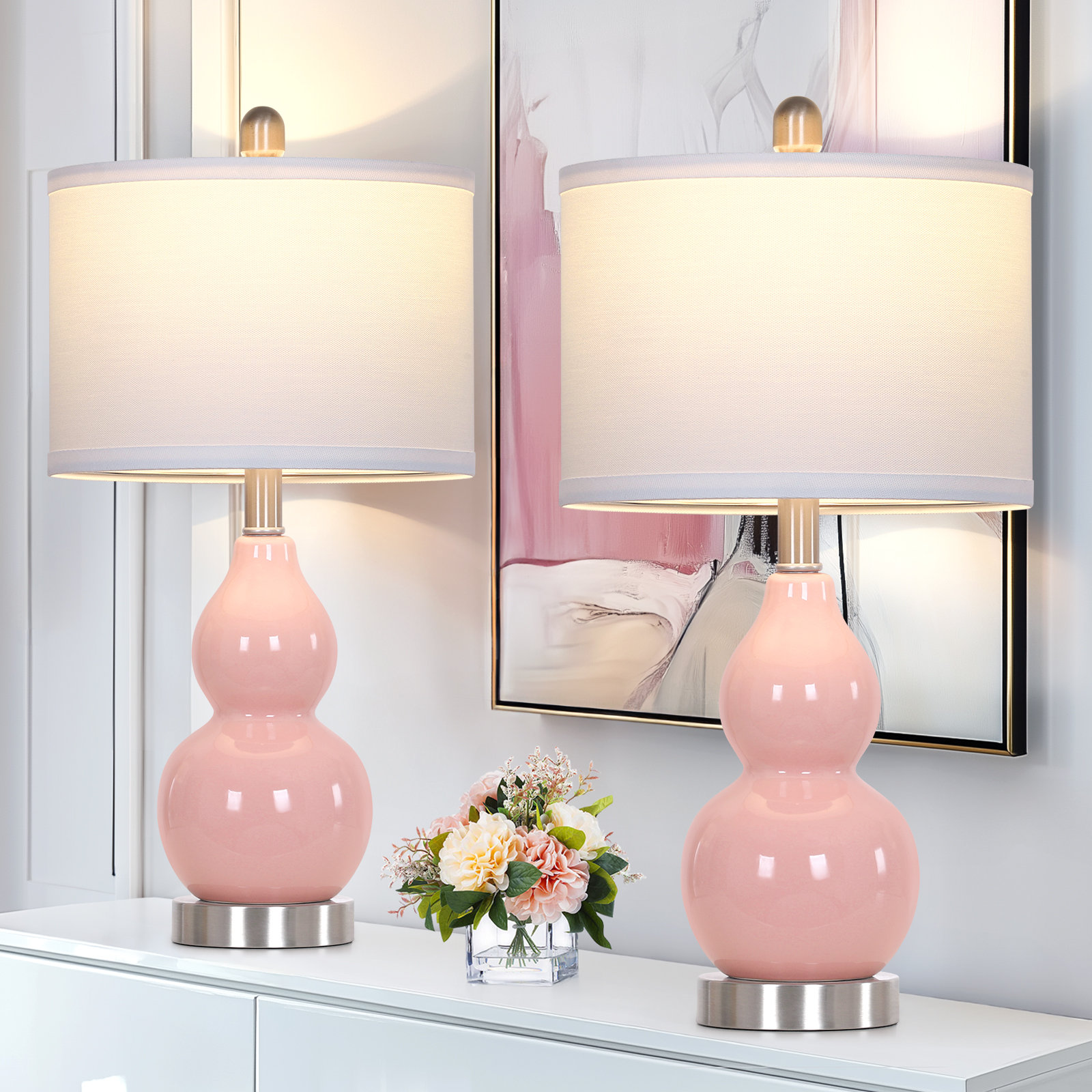 Mercer41 Haahris 22" Ceramic Gourd Bedside Table Lamp Set with Bulbs ...