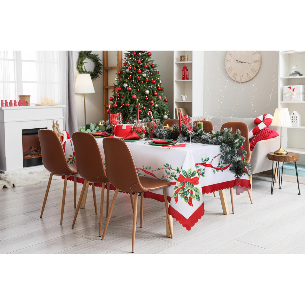 The Seasonal Aisle Large Christmas Tablecloth with Ribbons & Holly ...