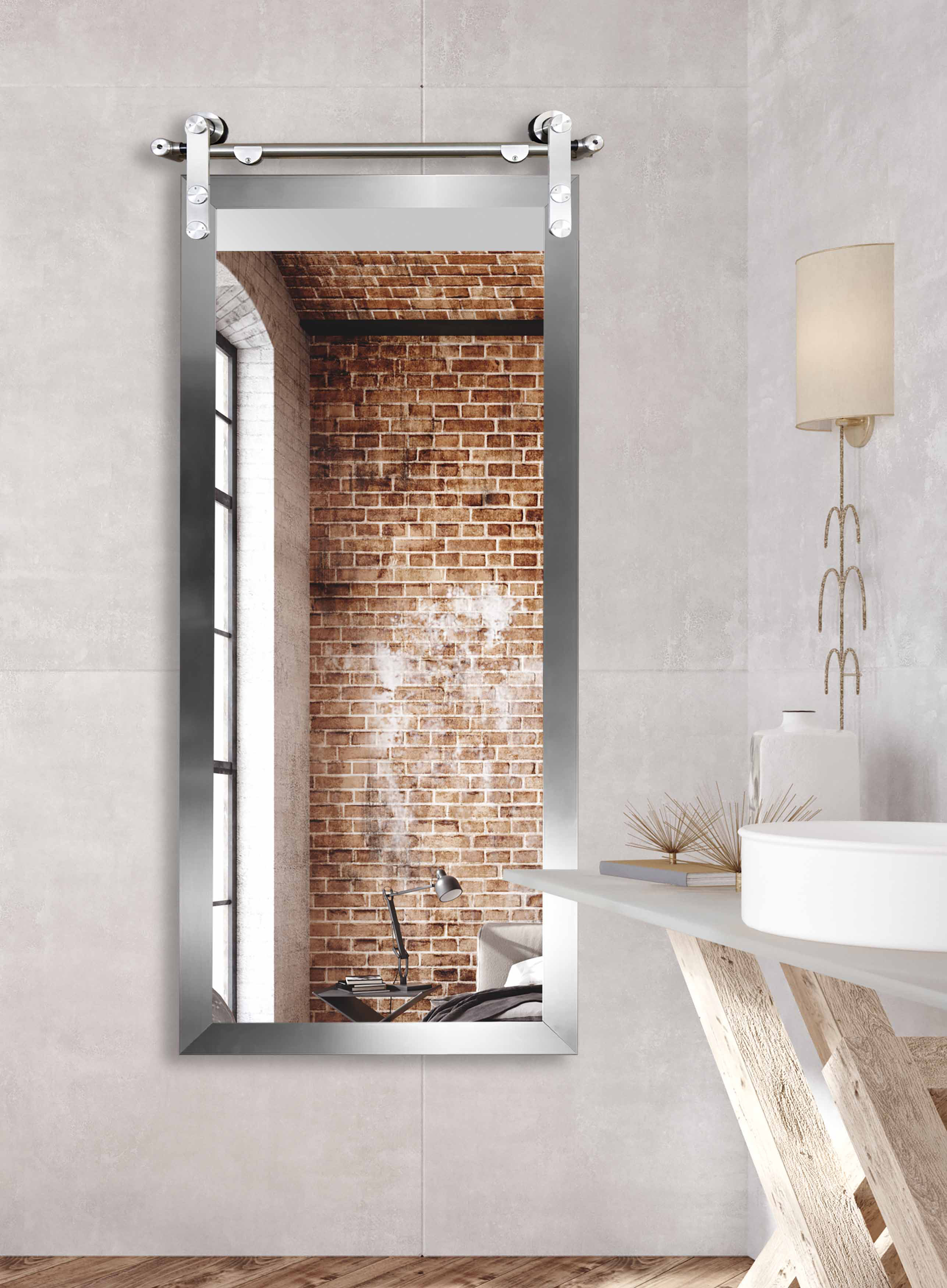 Latitude Run® Rayne Vanity Mirror W/ Steel Barn Door Track | Wayfair