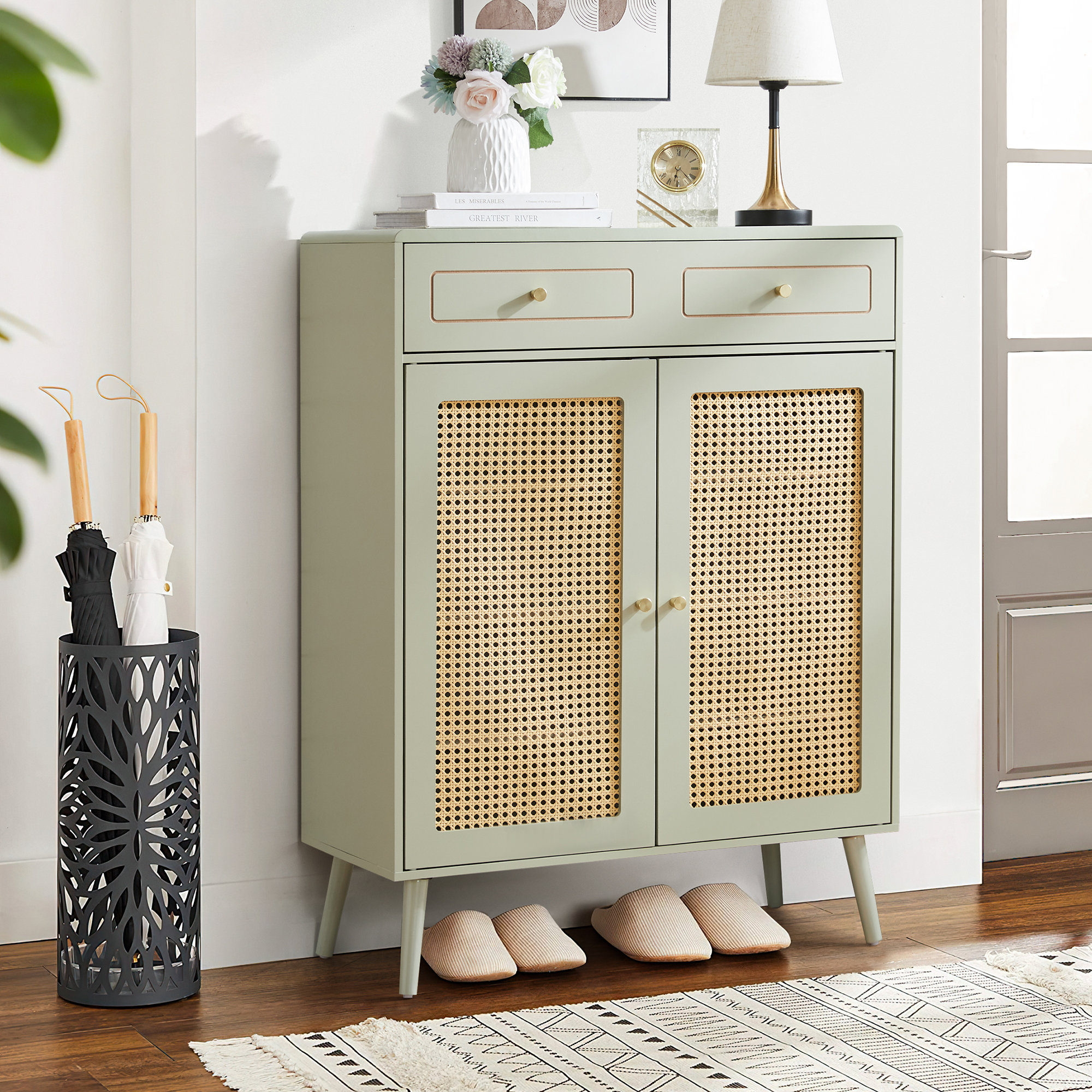 Bayou Breeze 16 Pair Rattan Shoe Storage Cabinet with Drawer and ...