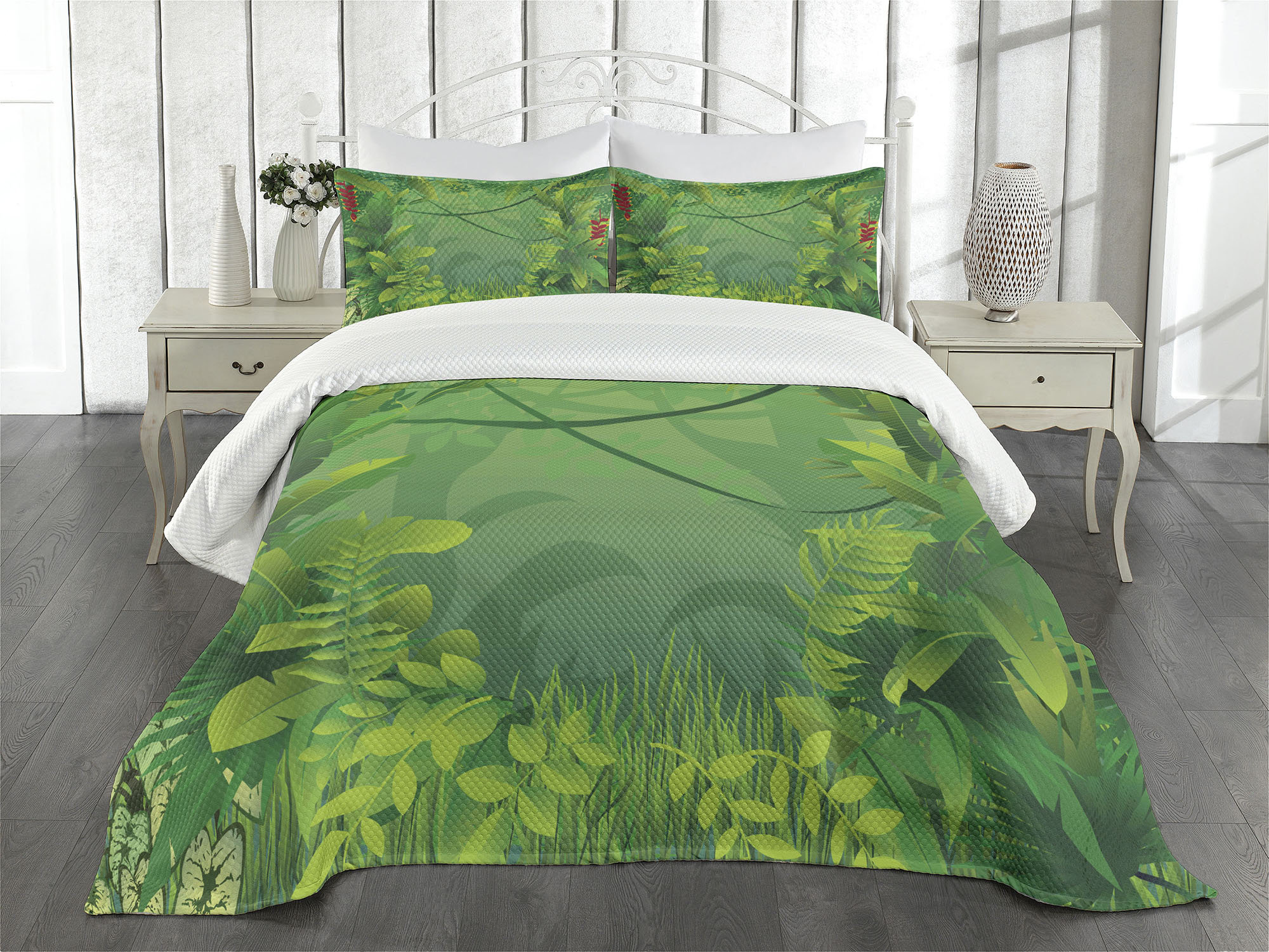 Ambesonne Green Leaf Bedspread Set Hawaiian Rainforest Apple Green and Jade Green | Wayfair