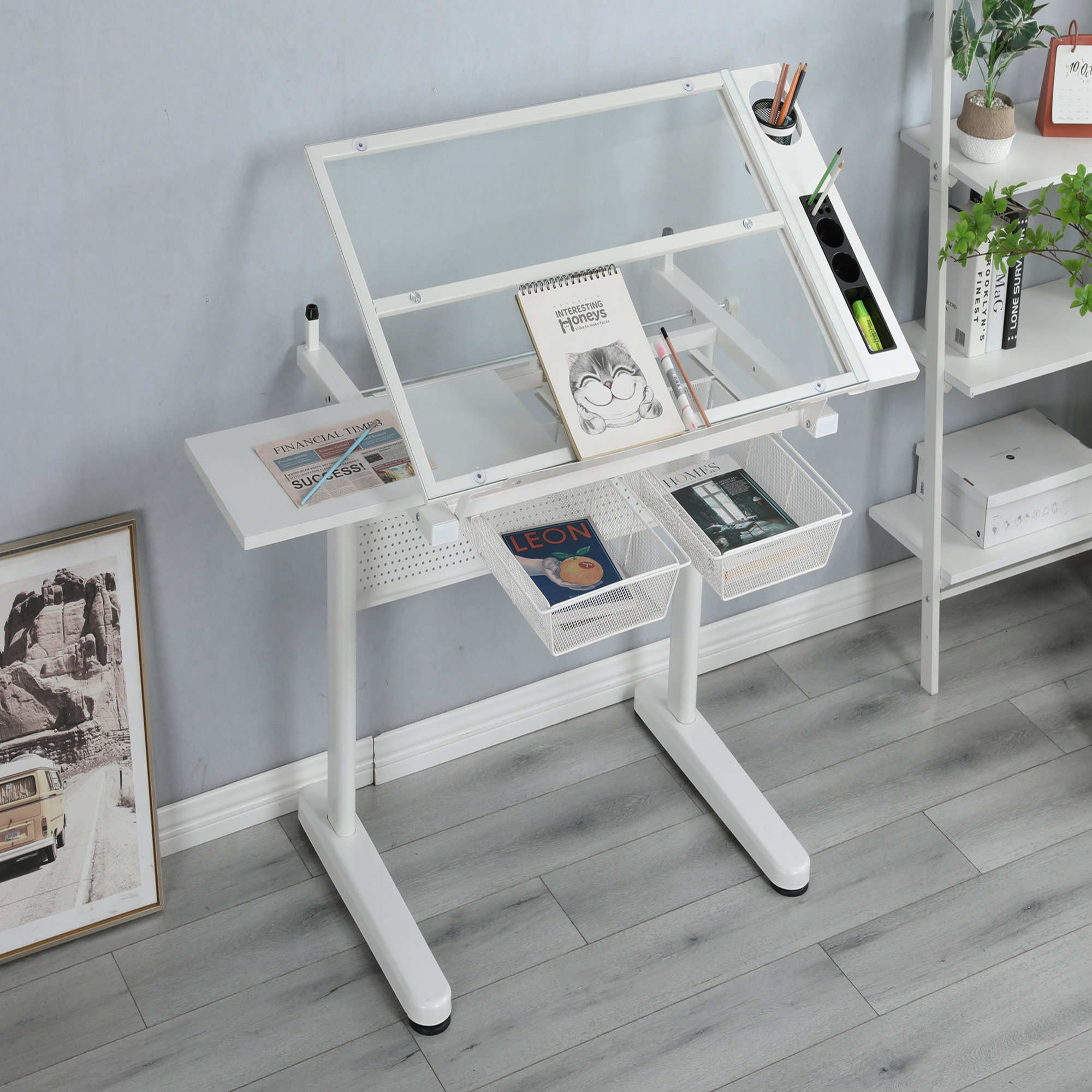 17 Stories hand crank adjustable drafting table drawing desk with 2 ...