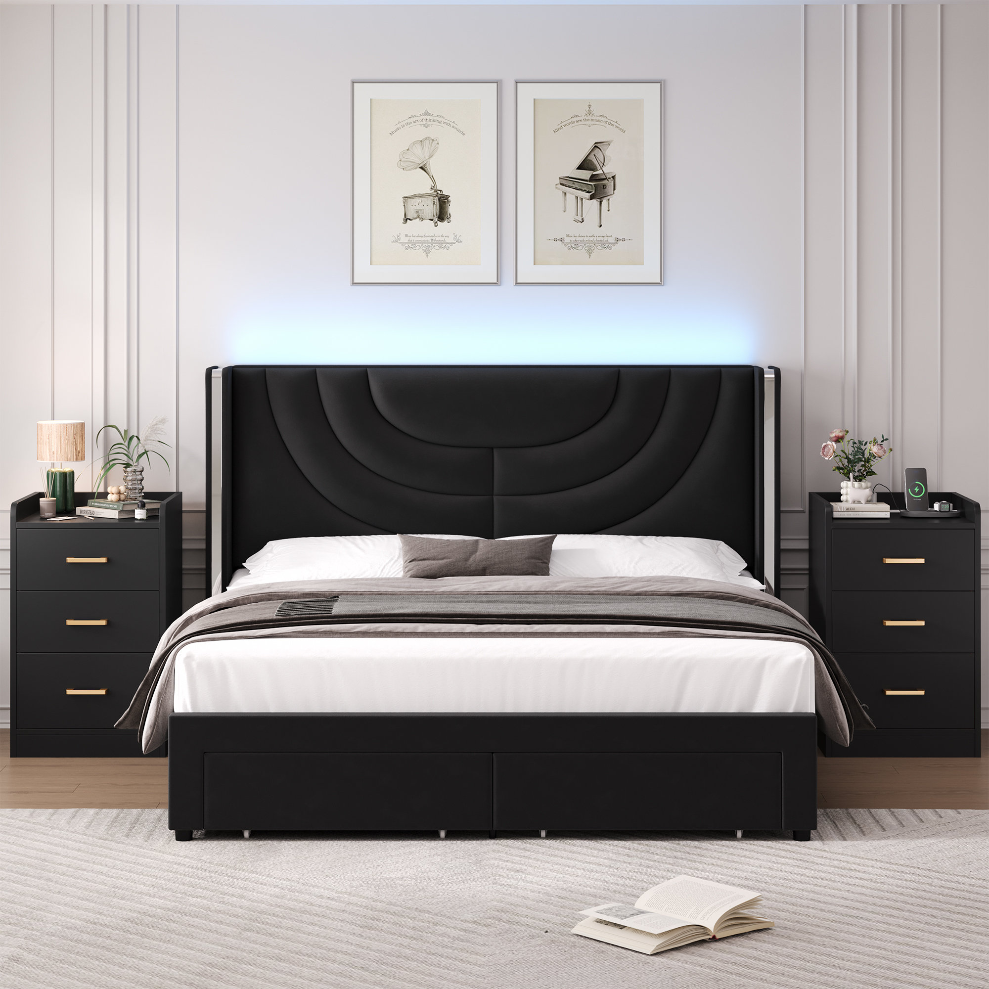 Wrought Studio™ 3-Piece Bedroom Set, Storage Bed with LED Light, 2 ...