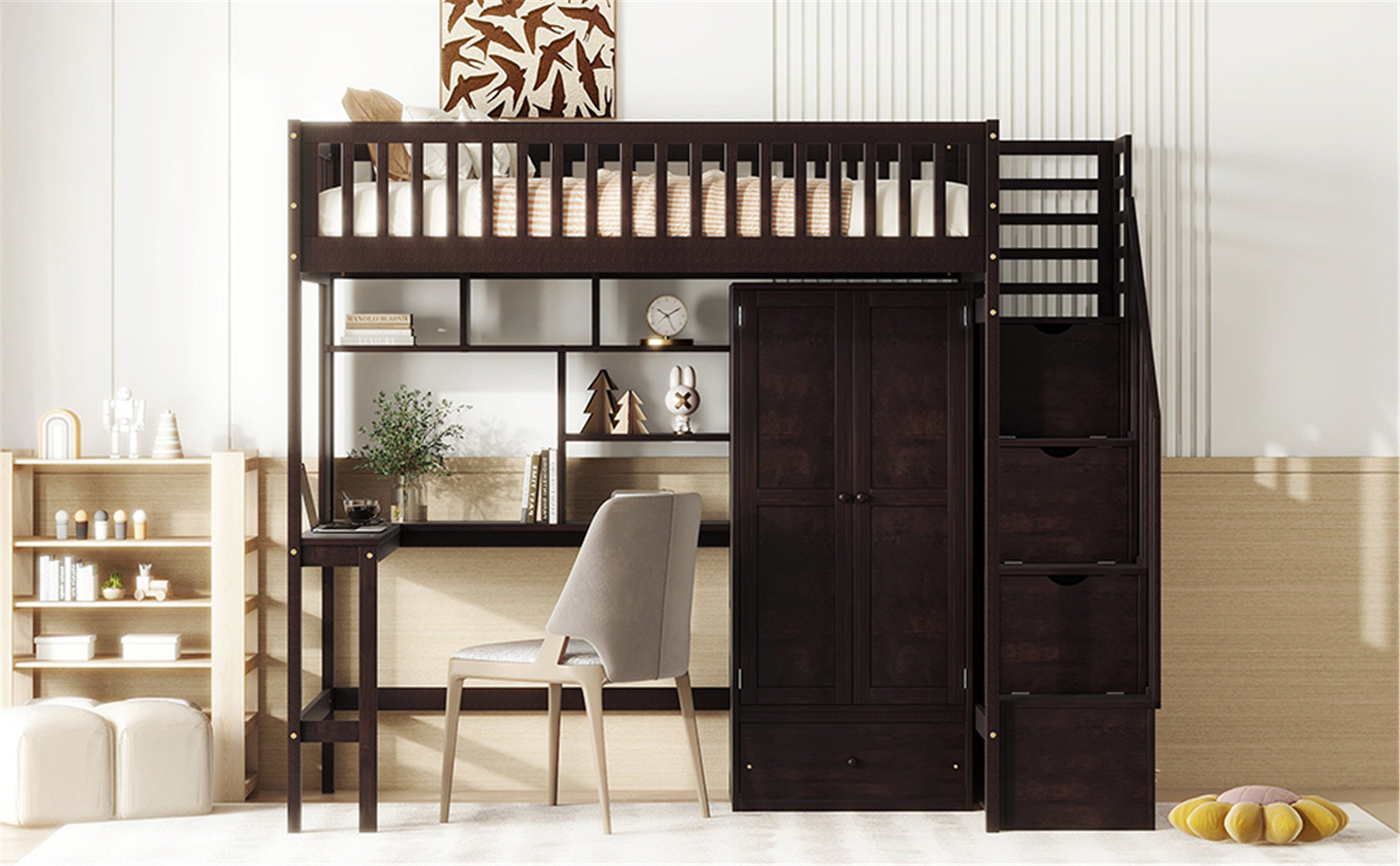 Harriet Bee Kiele Versatile Loft Bed with Integrated Bookshelf, Drawers, Desk, and Wardrobe for ...