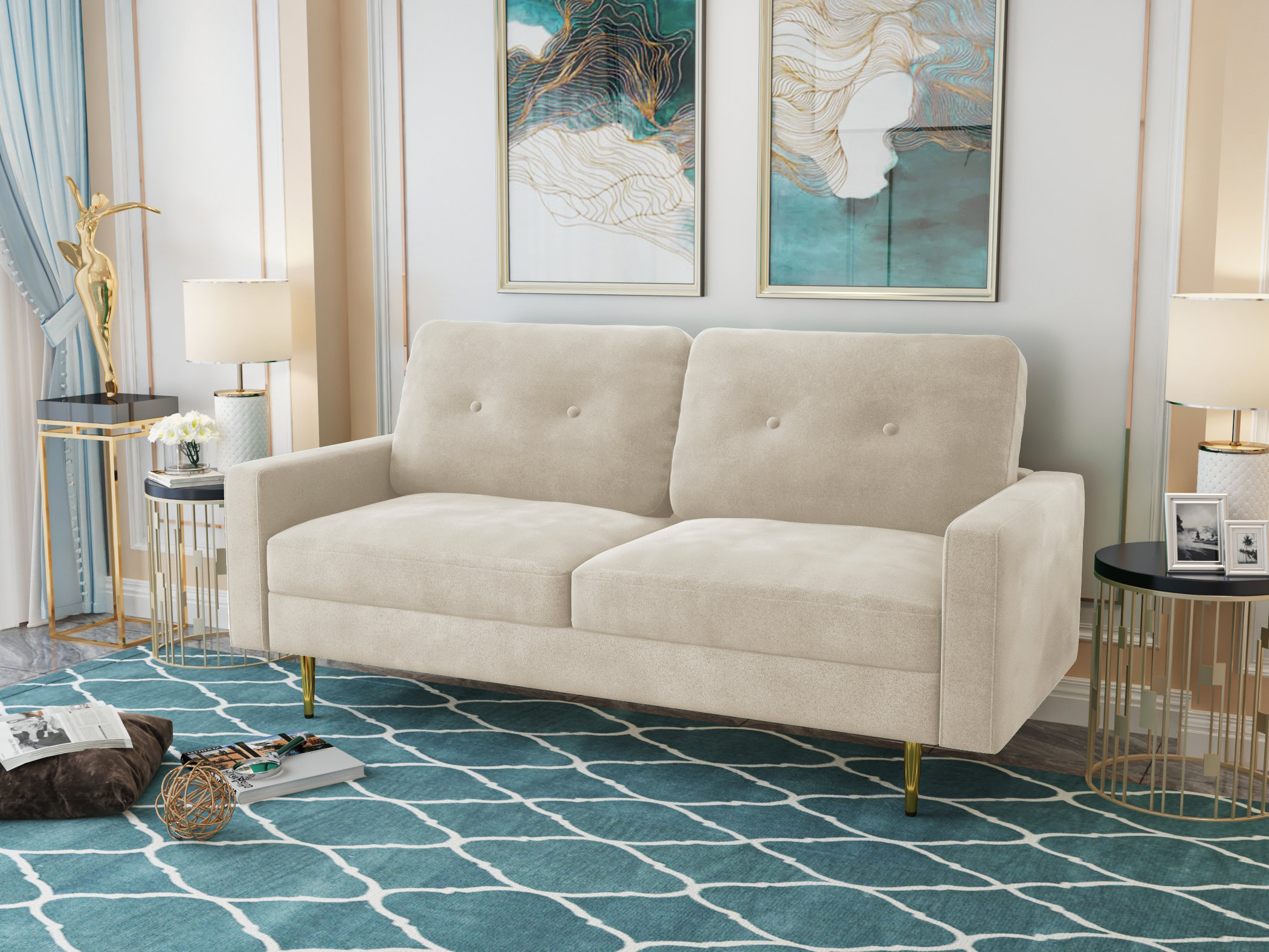 Everly Quinn 70''Velvet Square Arm Modern Style Sofa With Golden Leg | Wayfair