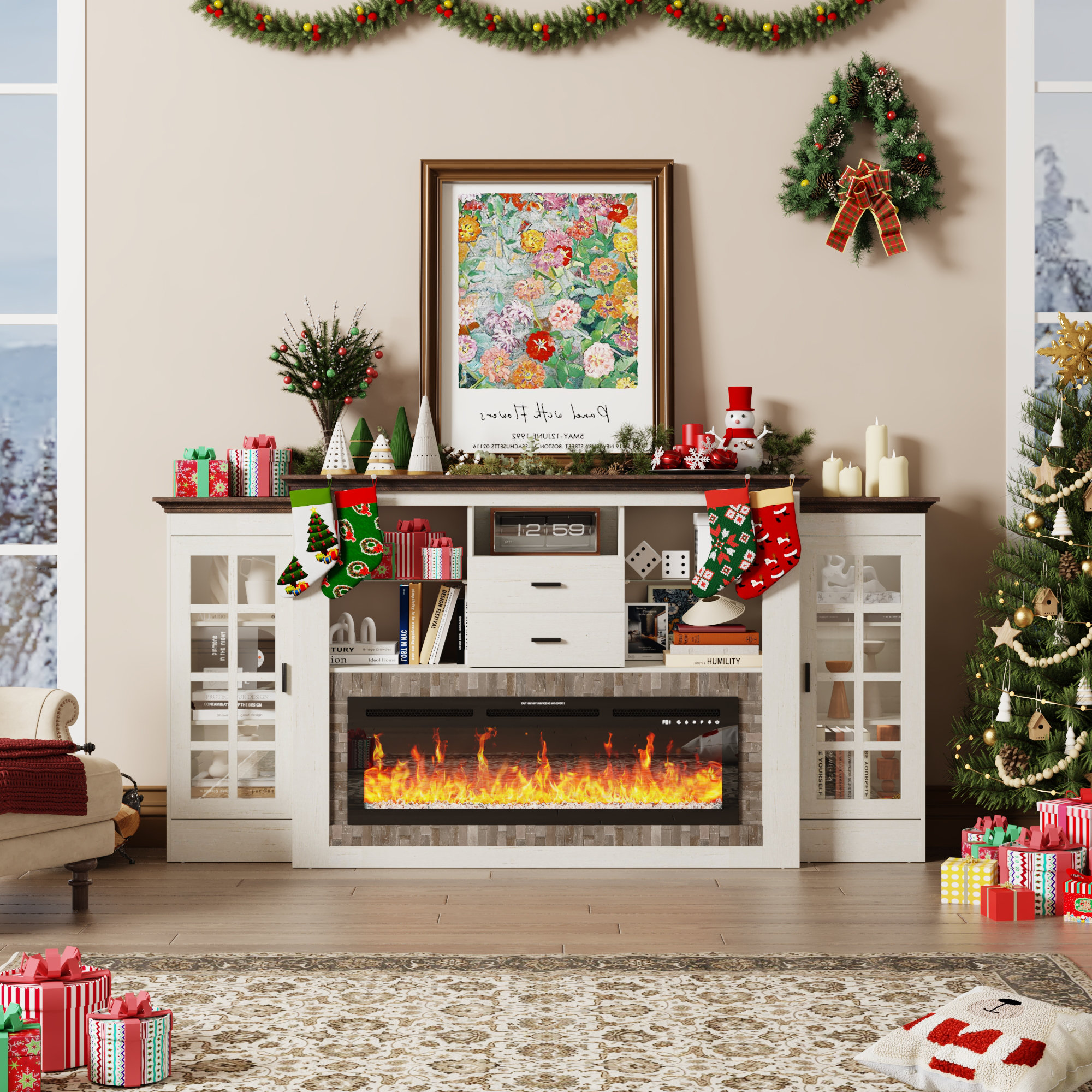 Winston Porter 85.04" Electric Fireplace With Mantel, Socket/Outlet, 2 ...