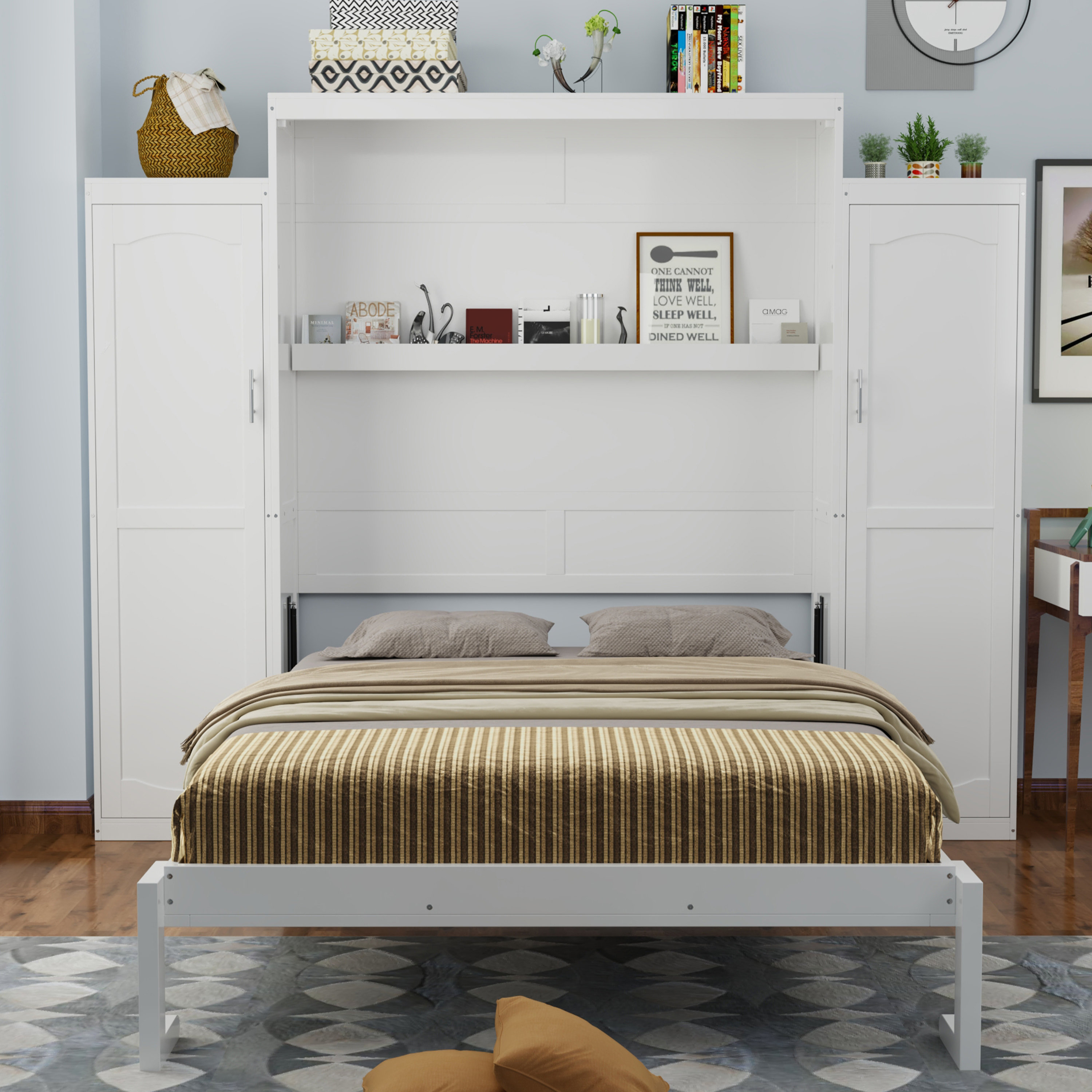 Hokku Designs Murphy Bed, Wood Wall Bed With Two Closets And Storage ...