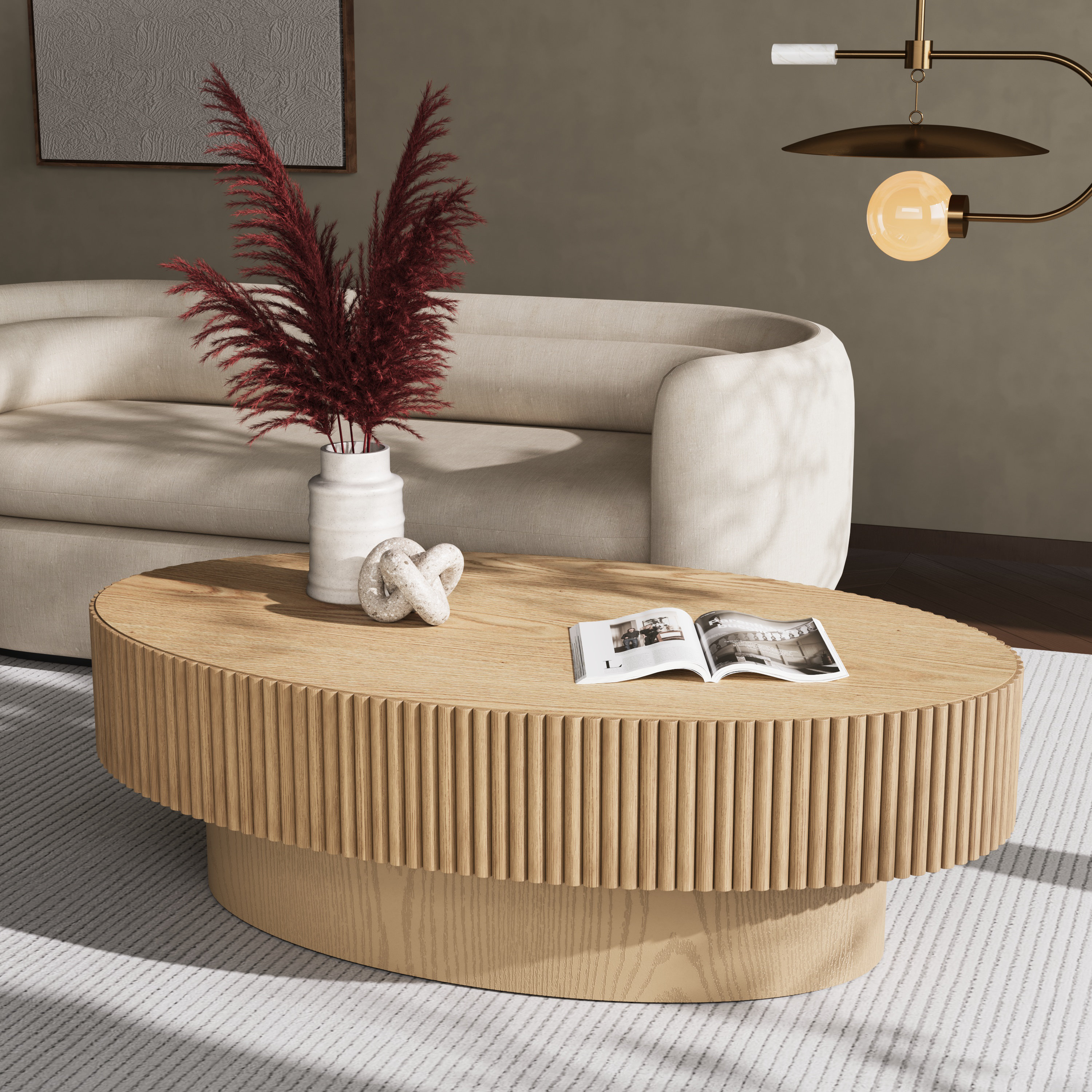 Ivy Bronx Alethia 44'' Handcrafted Oval Coffee Table – Fluted Solid ...