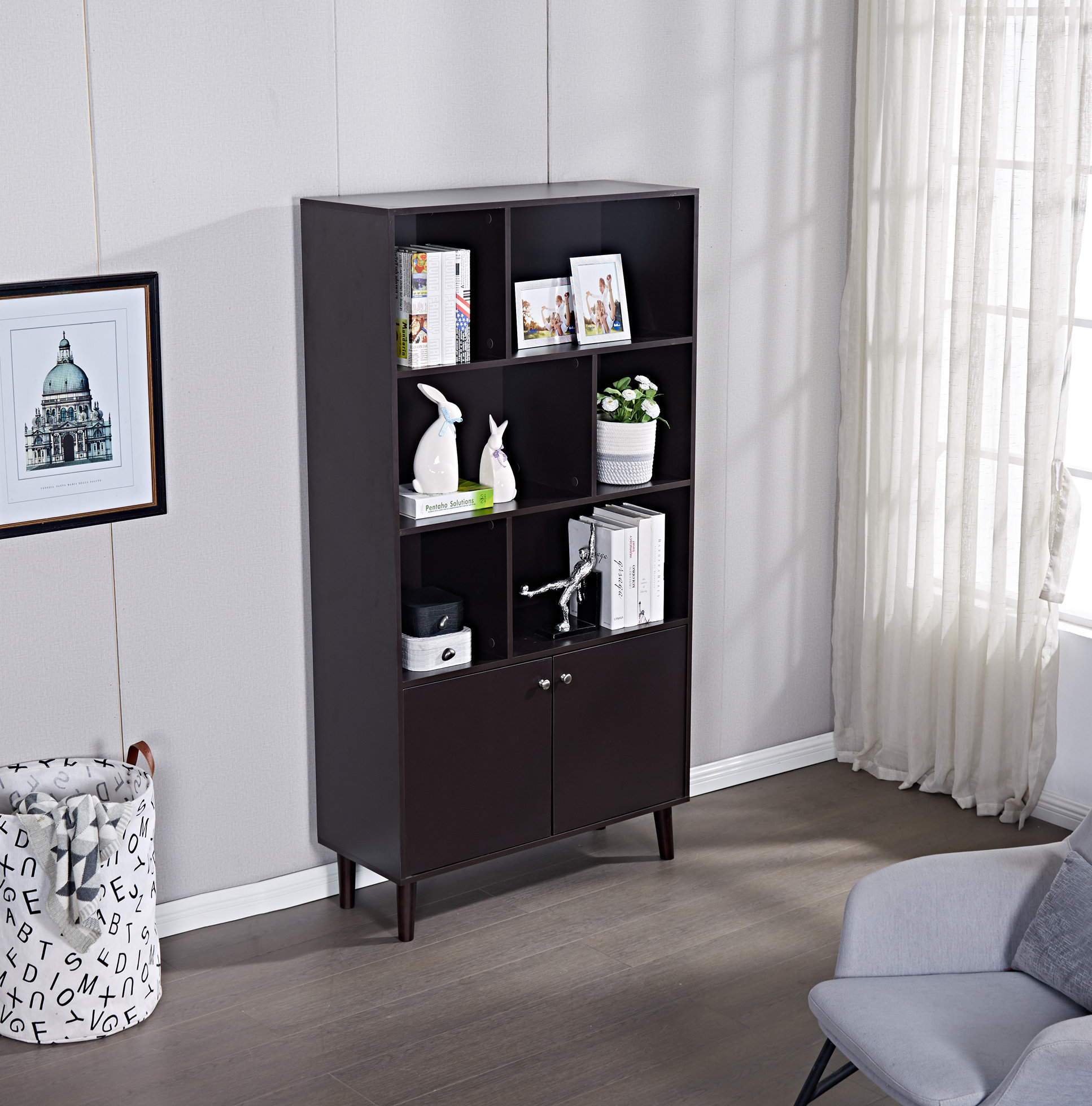 Corrigan Studio® 67" Bookcase With Doors, 3-Tier Bookshelf, Coffee ...