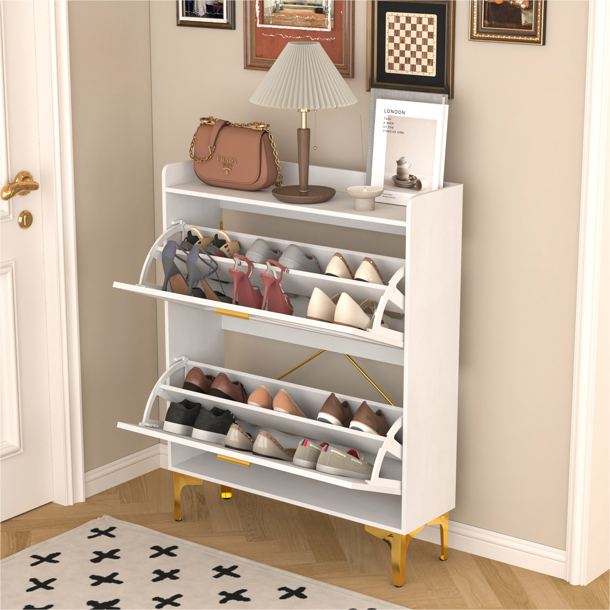 Mercer41 Shoe Cabinet With 2 Flip Drawers& Open Shelves,Modern Entryway ...