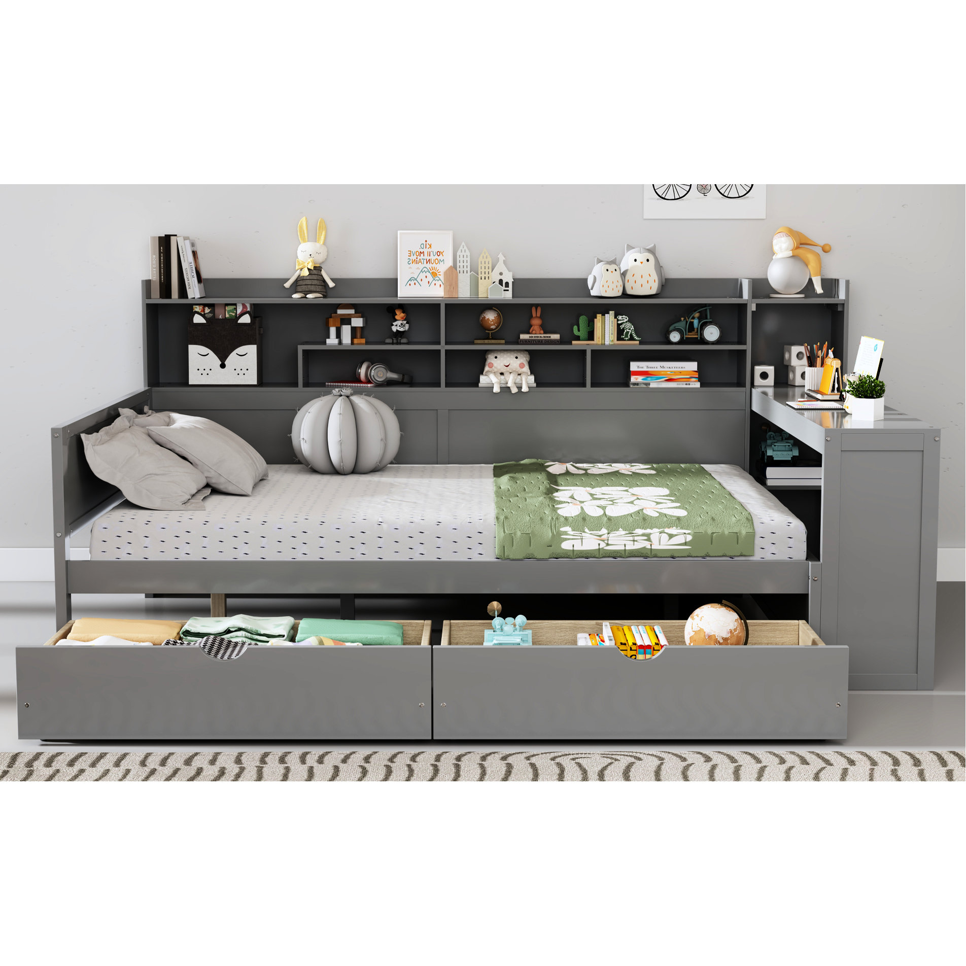 Latitude Run® Grey Full Size Wooden Daybed With Shelves, Drawers And ...