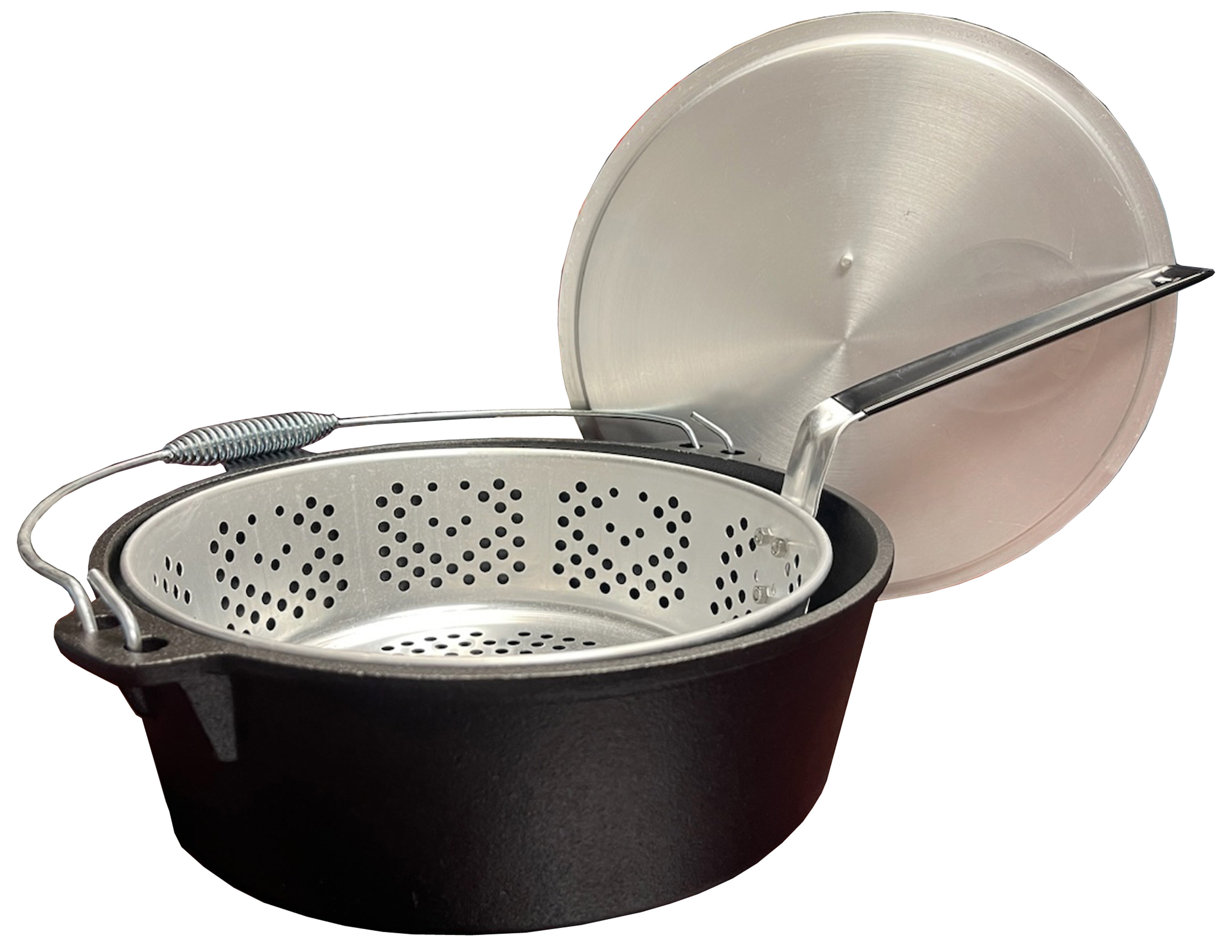 King Kooker 6 Qt. Seasoned Cast Iron Pot with Aluminum Lid and Basket ...