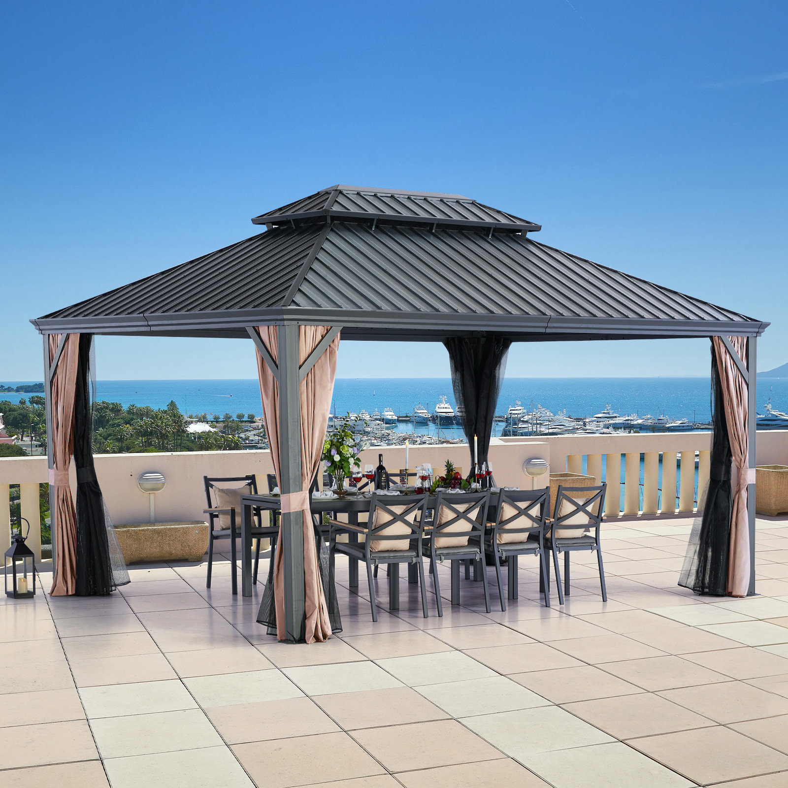 UNISOAR Abri de jardin à toit rigide avec filet et rideaux, auvent à ...