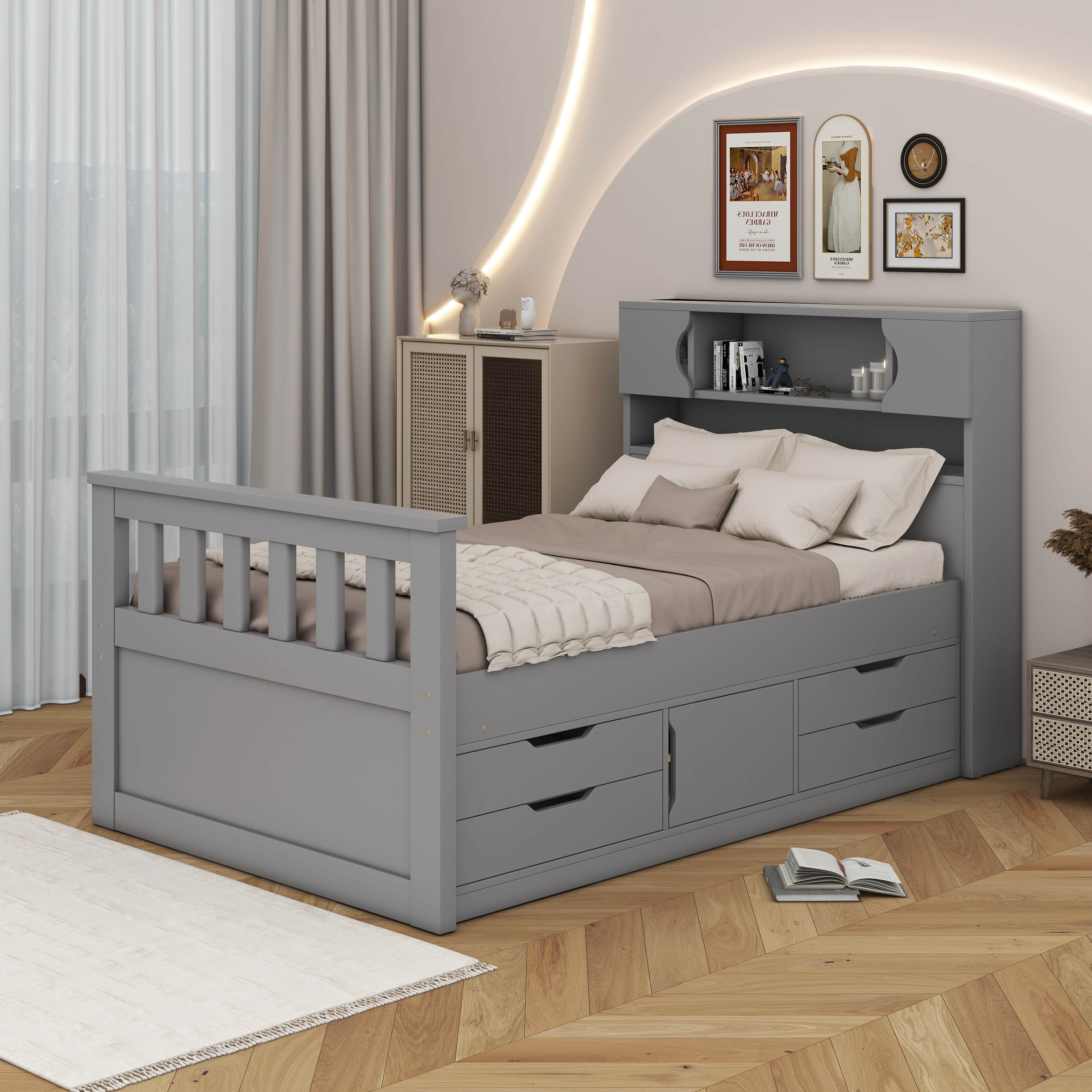 Lark Manor Twin Size Captain Platform Bed Frame With Storage Bookcases ...