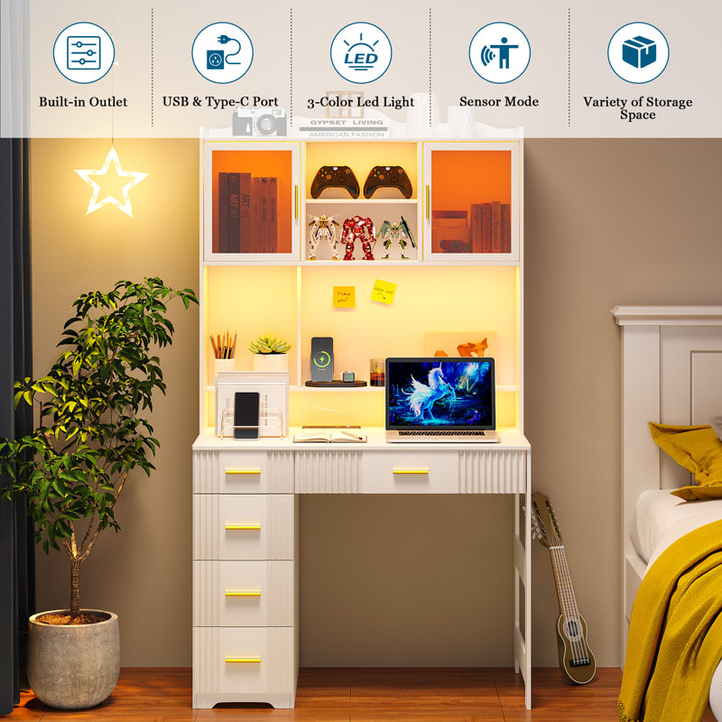 Latitude Run® Computer Desk with Hutch and LED Lighting & Reviews | Wayfair