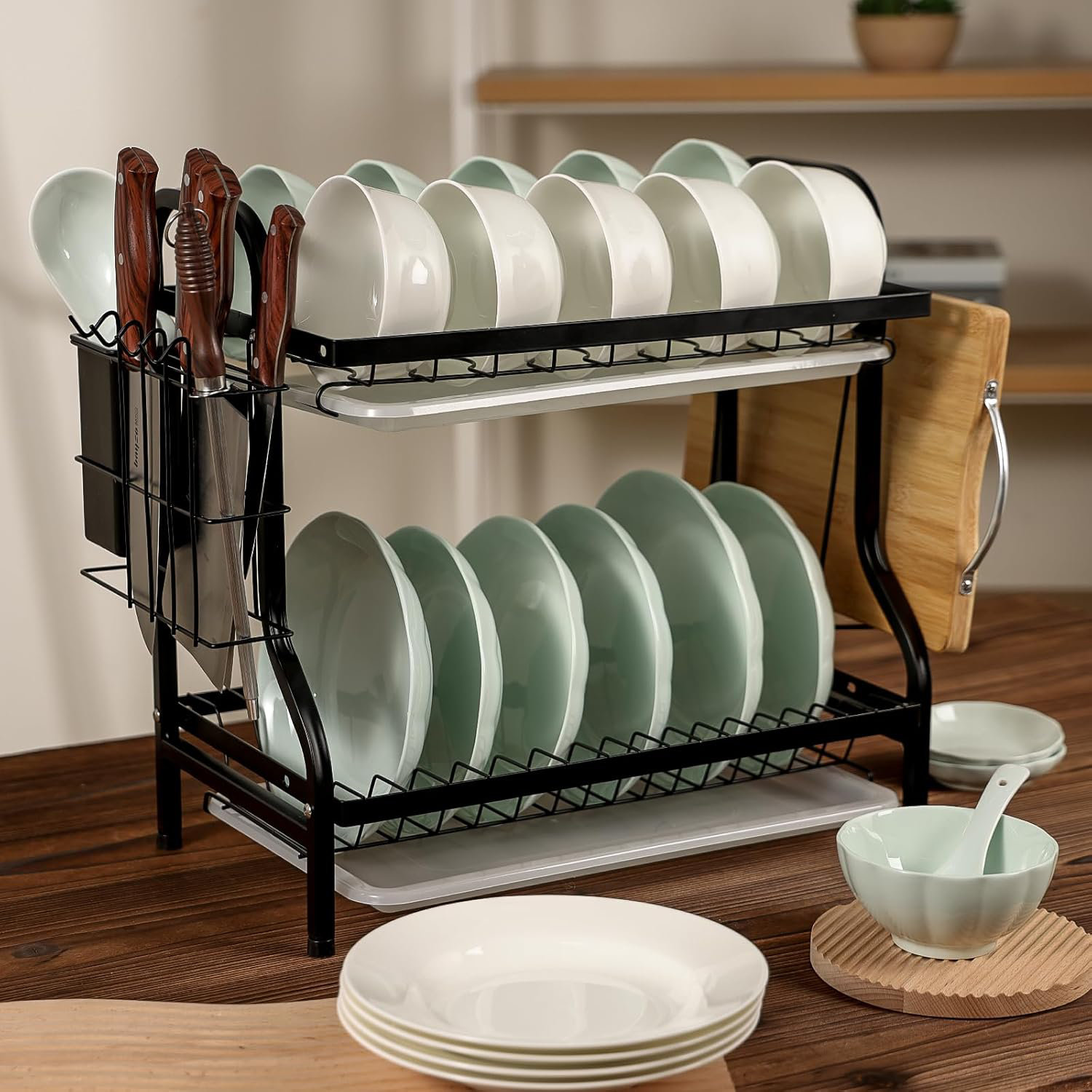 WKING Two-Tier Dish Drying Rack - Sturdy Steel Frame, Cutlery Holder ...
