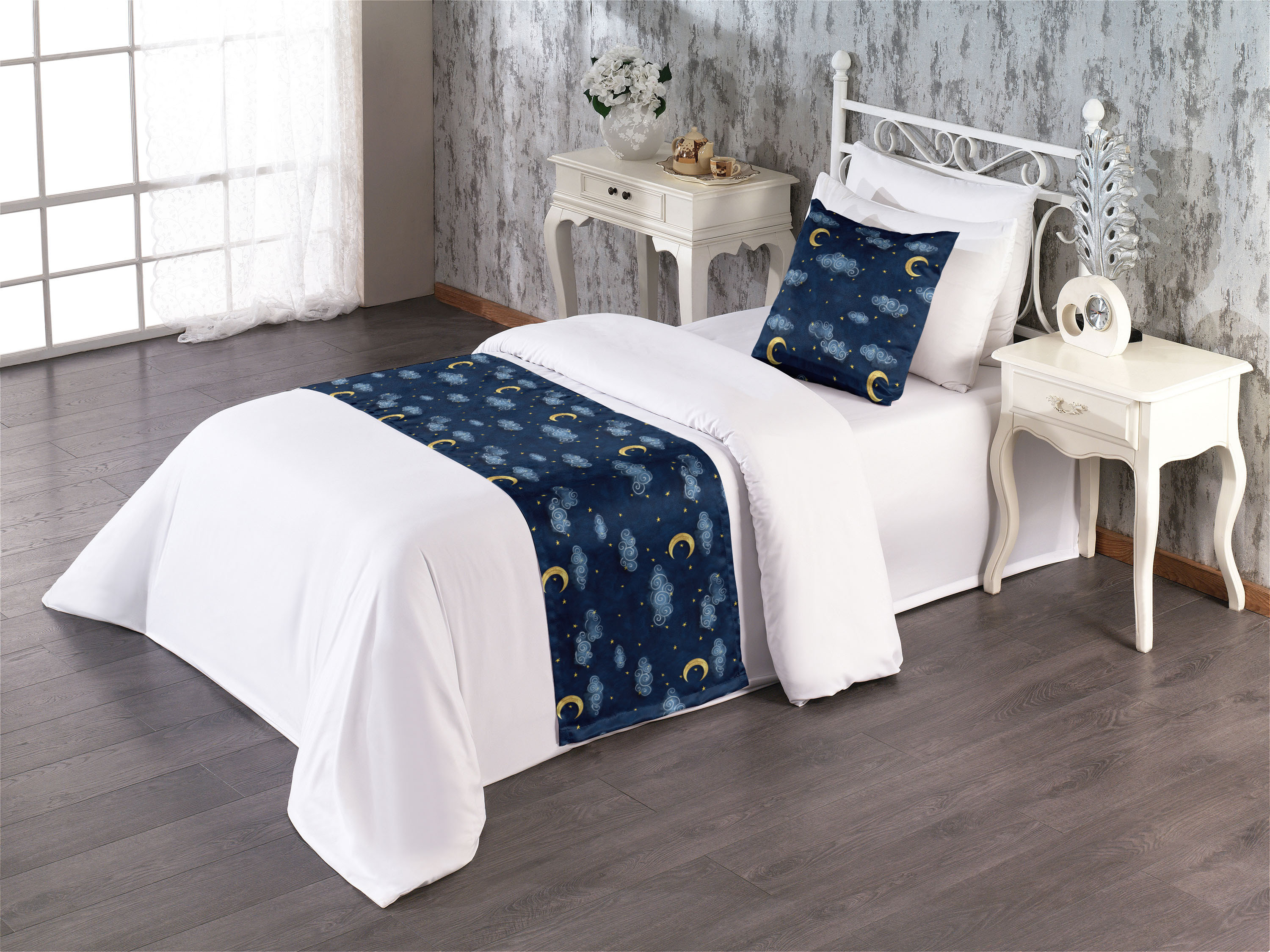 Ambesonne Night Bed Runner Set Dark Sky Stars with Clouds Dark Navy ...