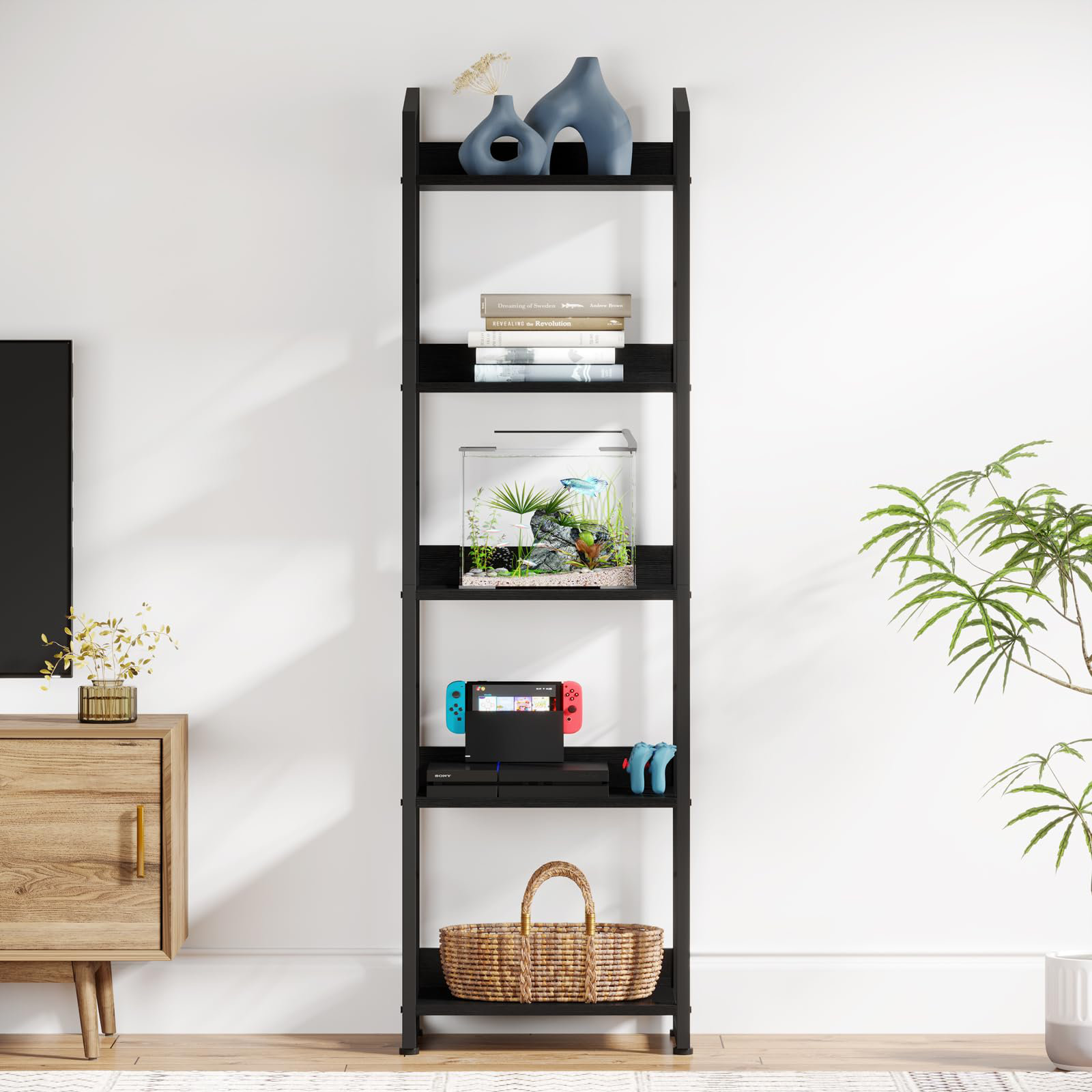 17 Stories 5-Layer Industrial Modern Narrow Bookcase, Tall Bookcase ...