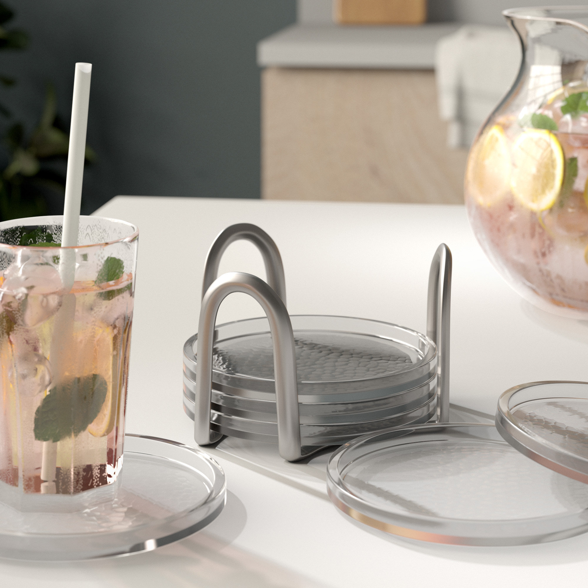 Ebern Designs Barnsdall Round 6 Piece Coaster Set With Holder & Reviews ...