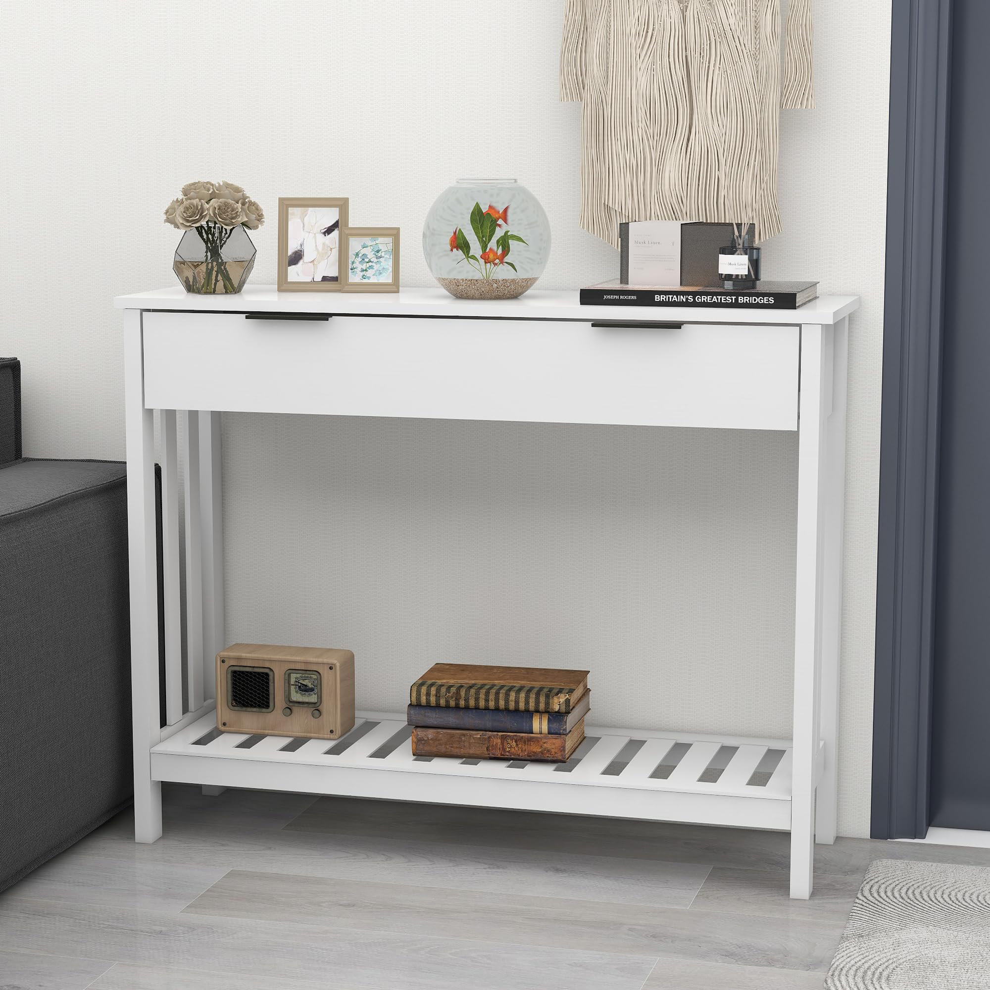 One Allium Way White Narrow Console Table With Storage Modern Wood ...