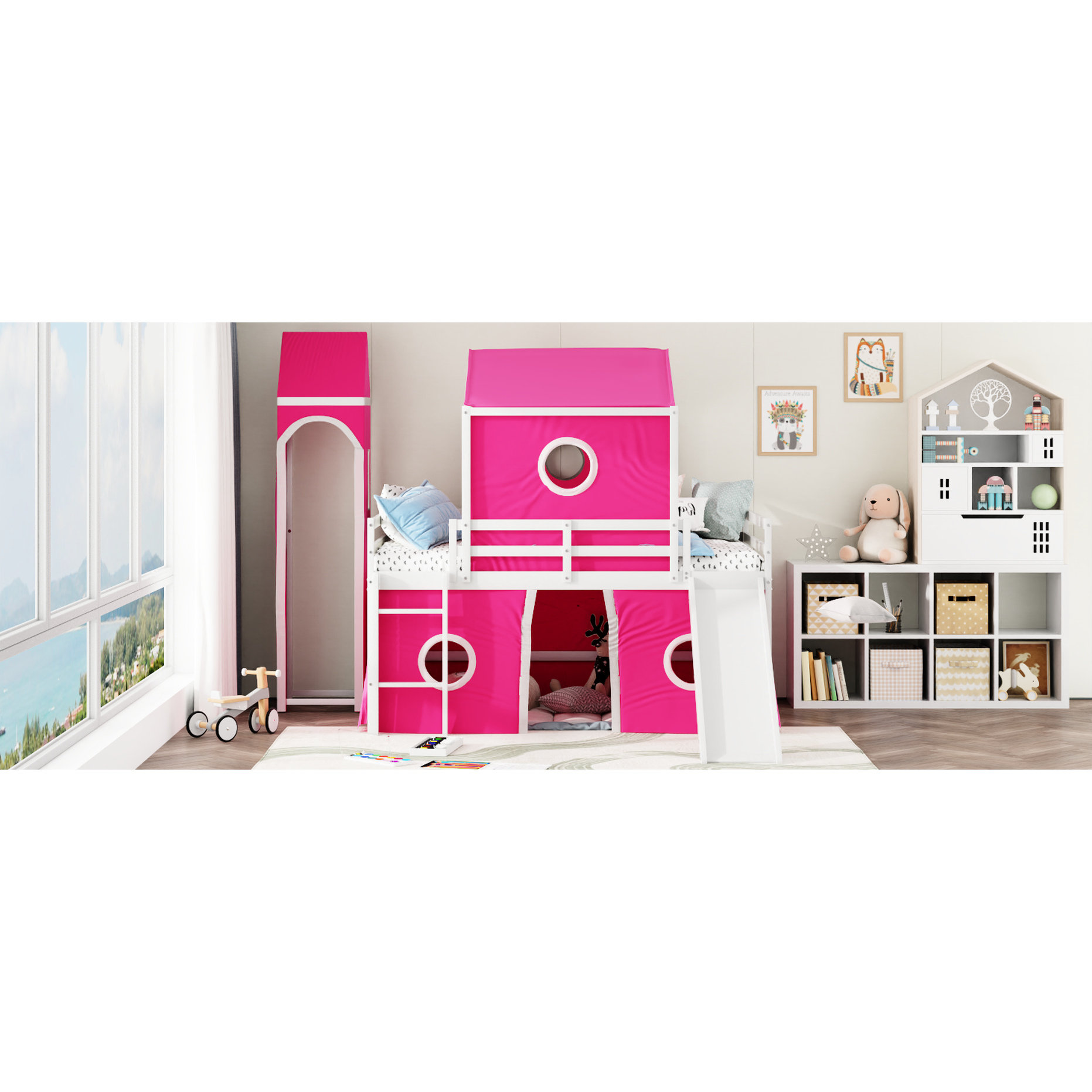 Harper Orchard Pink Full - Size Loft Bed With Slide And Inspired Tower ...