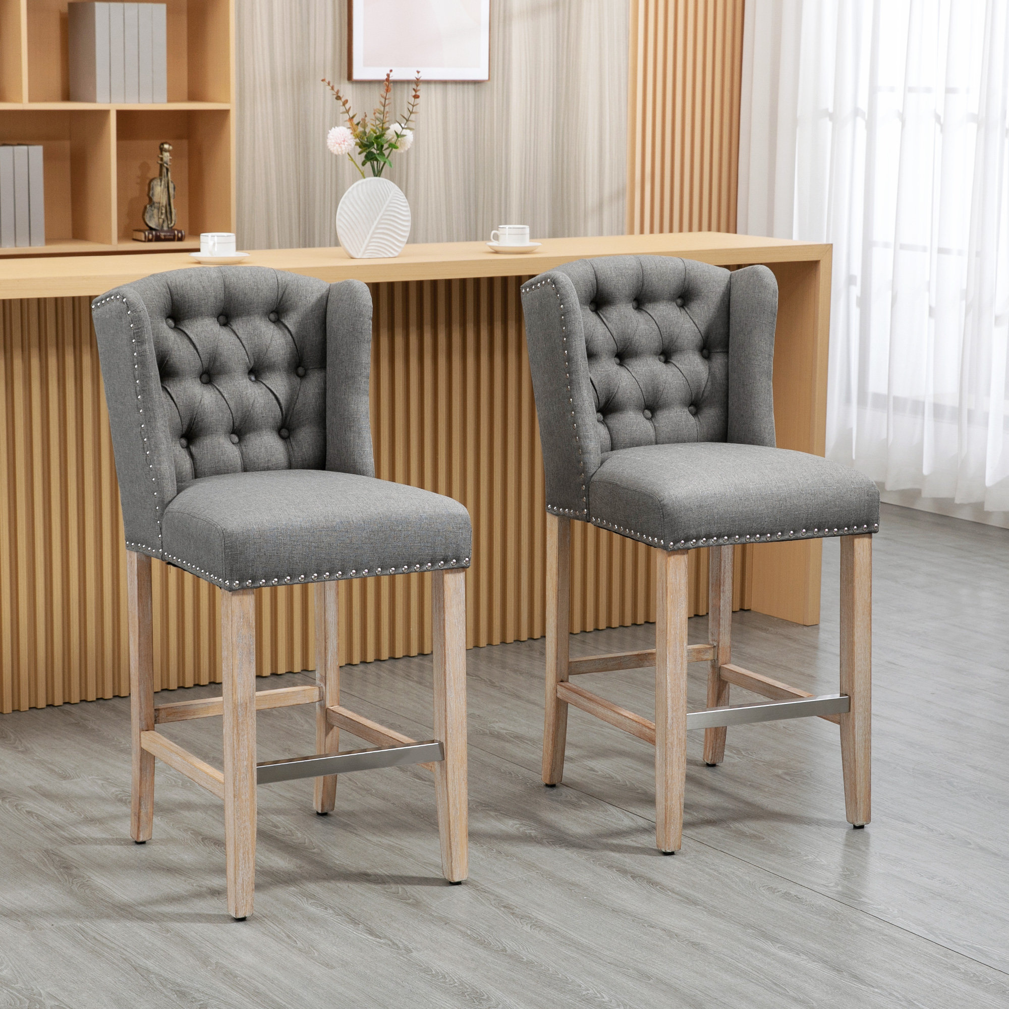 Red Barrel Studio Upholstered Bar Stools with Nailhead Trim and Button ...