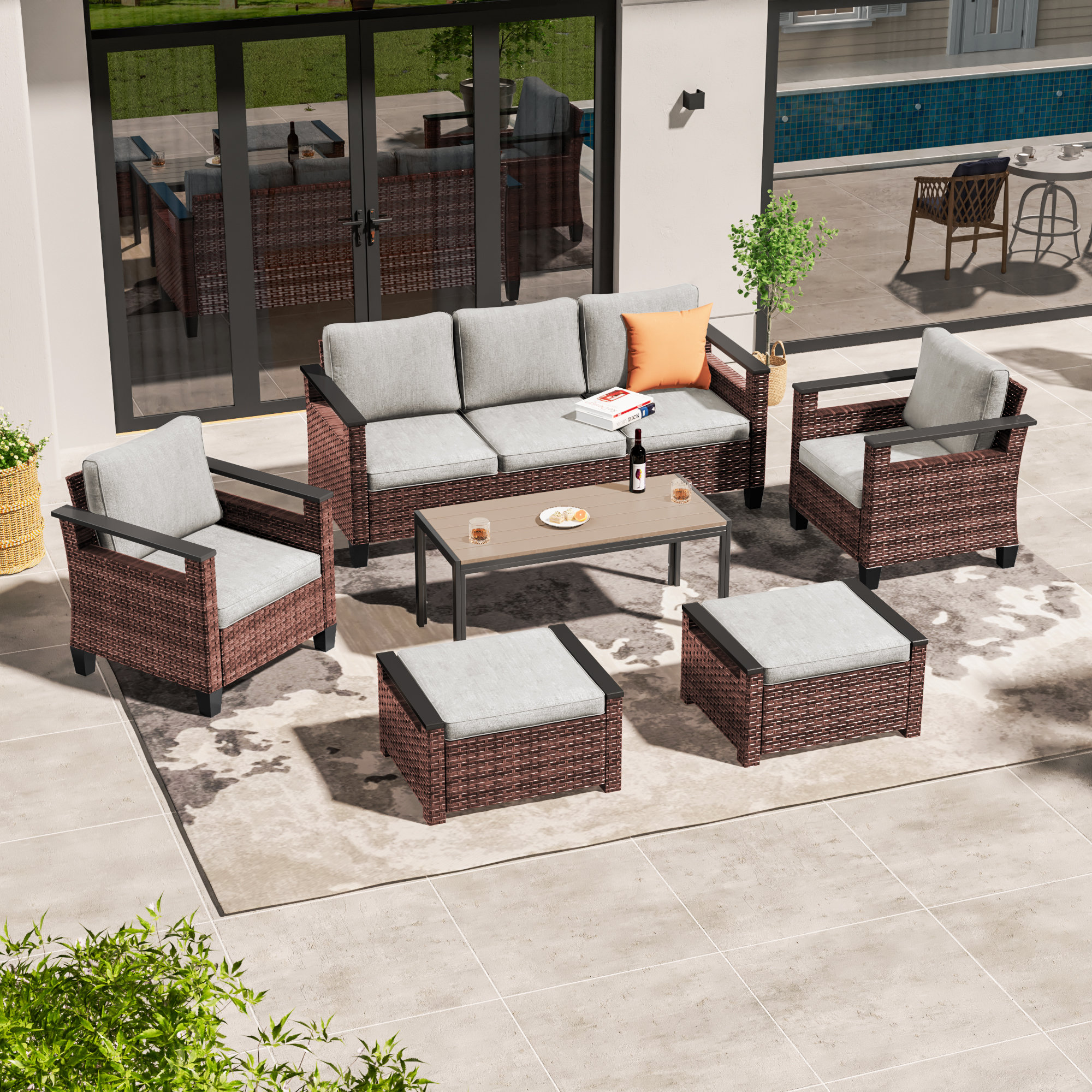 Latitude Run® Patio Conversation Sets with Coffee Table and Ottomans ...