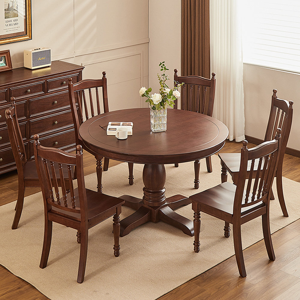 A Zoetic Home Vintage Round Dark Brown Walnut Dining Table Set ...