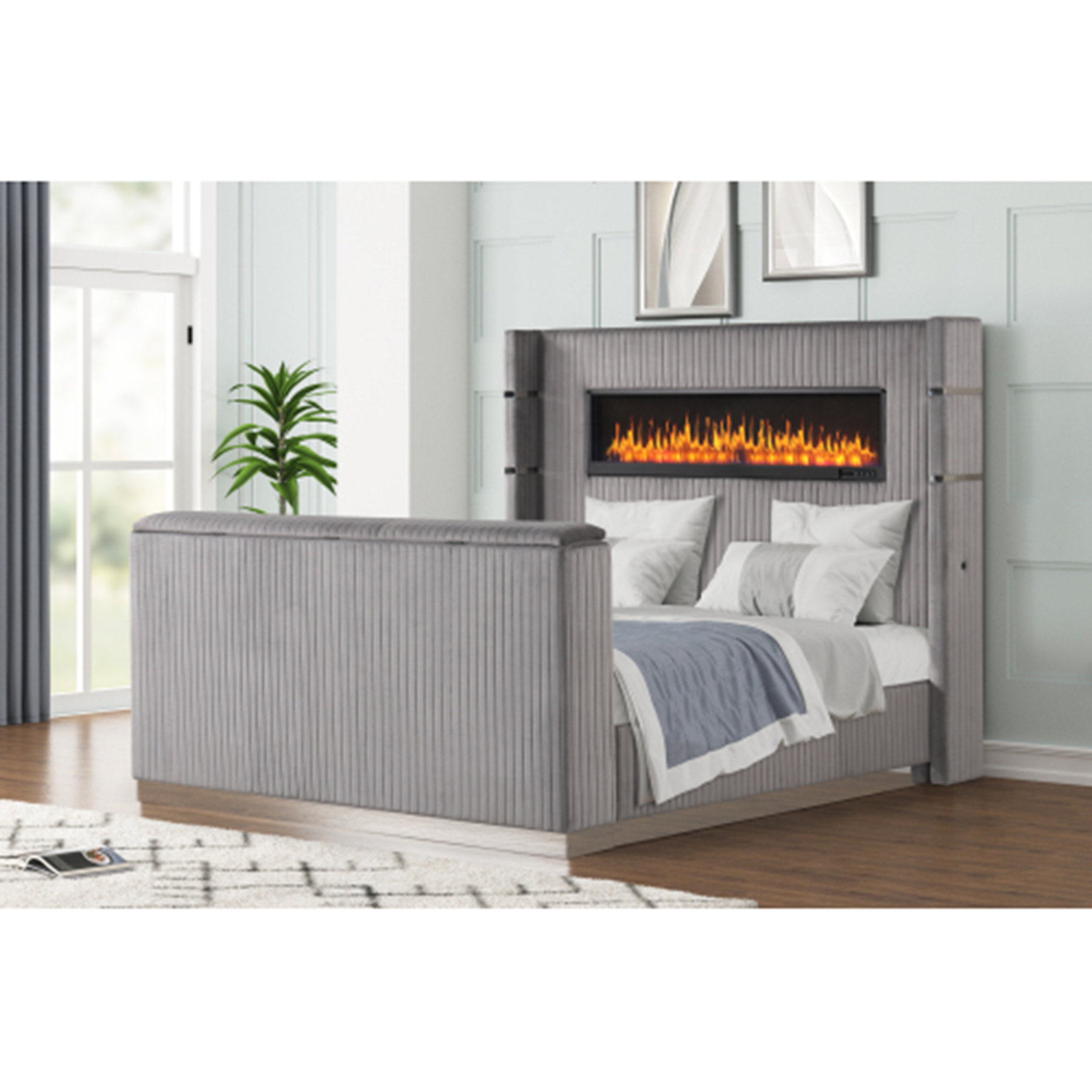 Everly Quinn Lavish Modern Style Bed Made with Fireplace in Headboard ...
