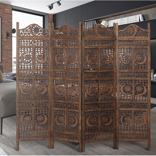 Bloomsbury Market Jarett Carved Sun and Moon 4 Panel 2.3ft Room Divider ...