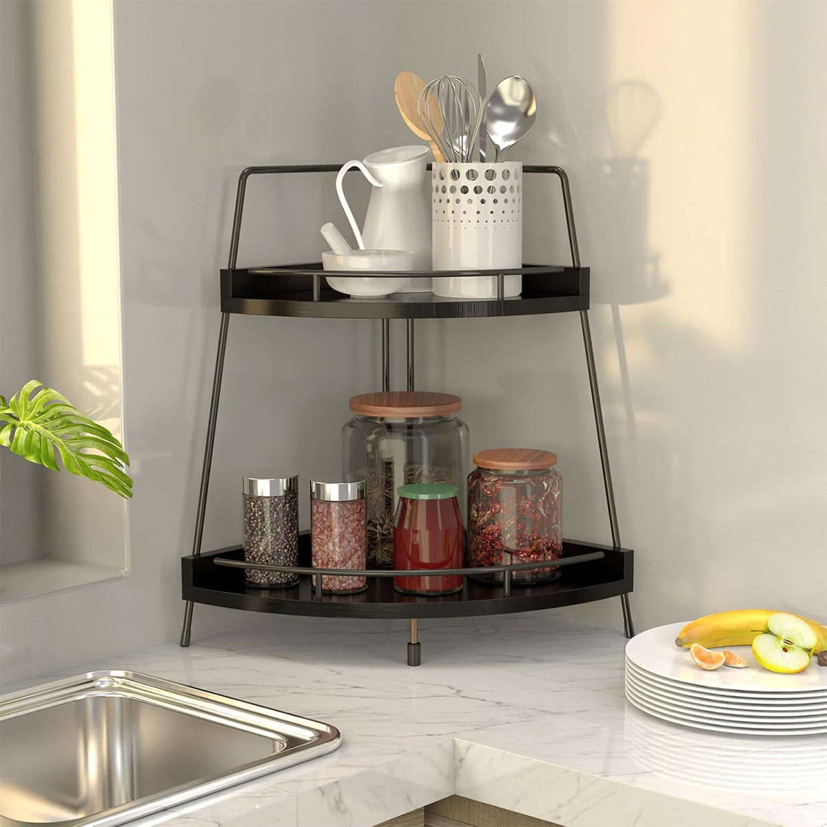 Naiyafly 2-tier Kitchen Countertop Organizer, Wood Corner Storage Rack ...
