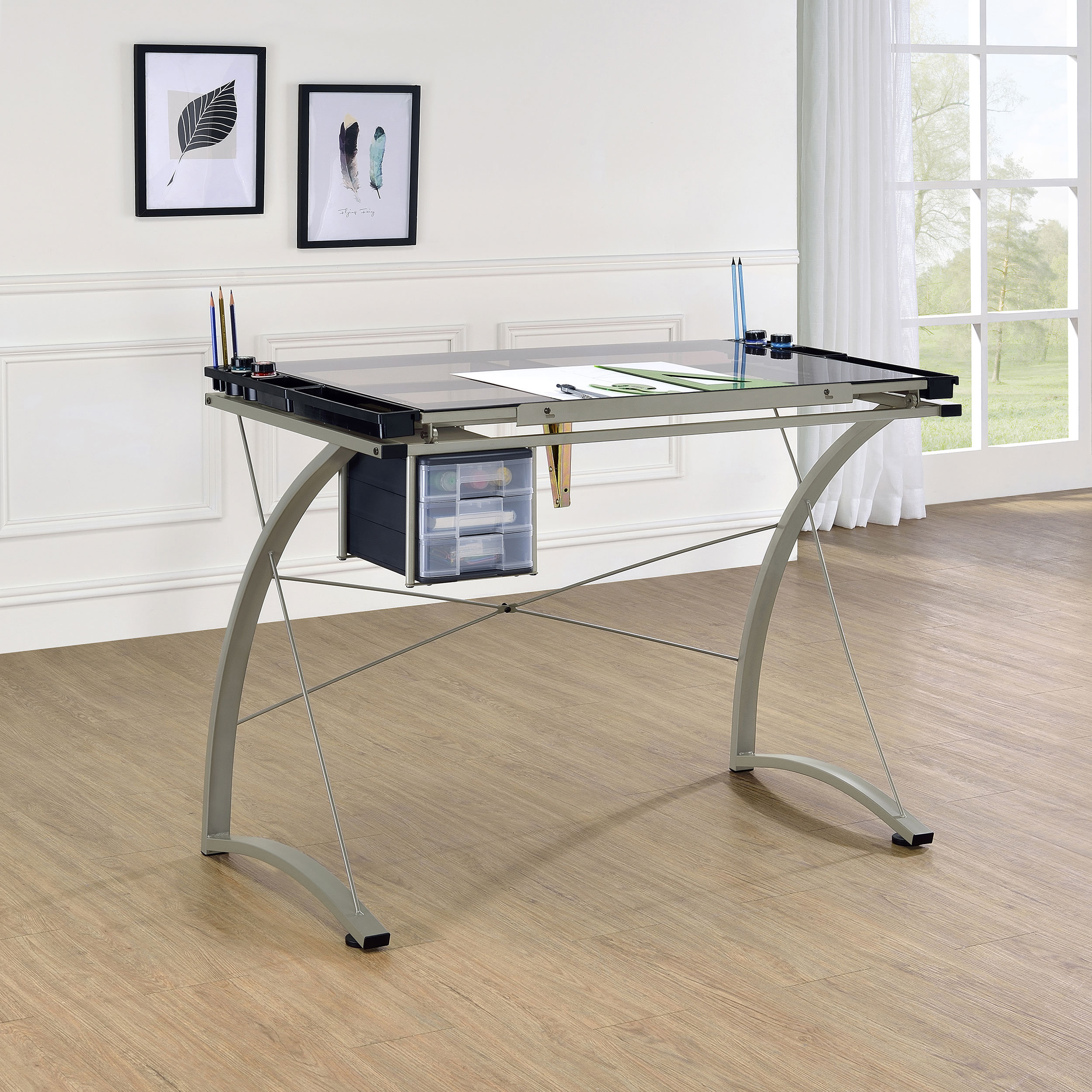 Ebern Designs Melo 41-inch Glass Top Drafting Table with Storage Silver ...